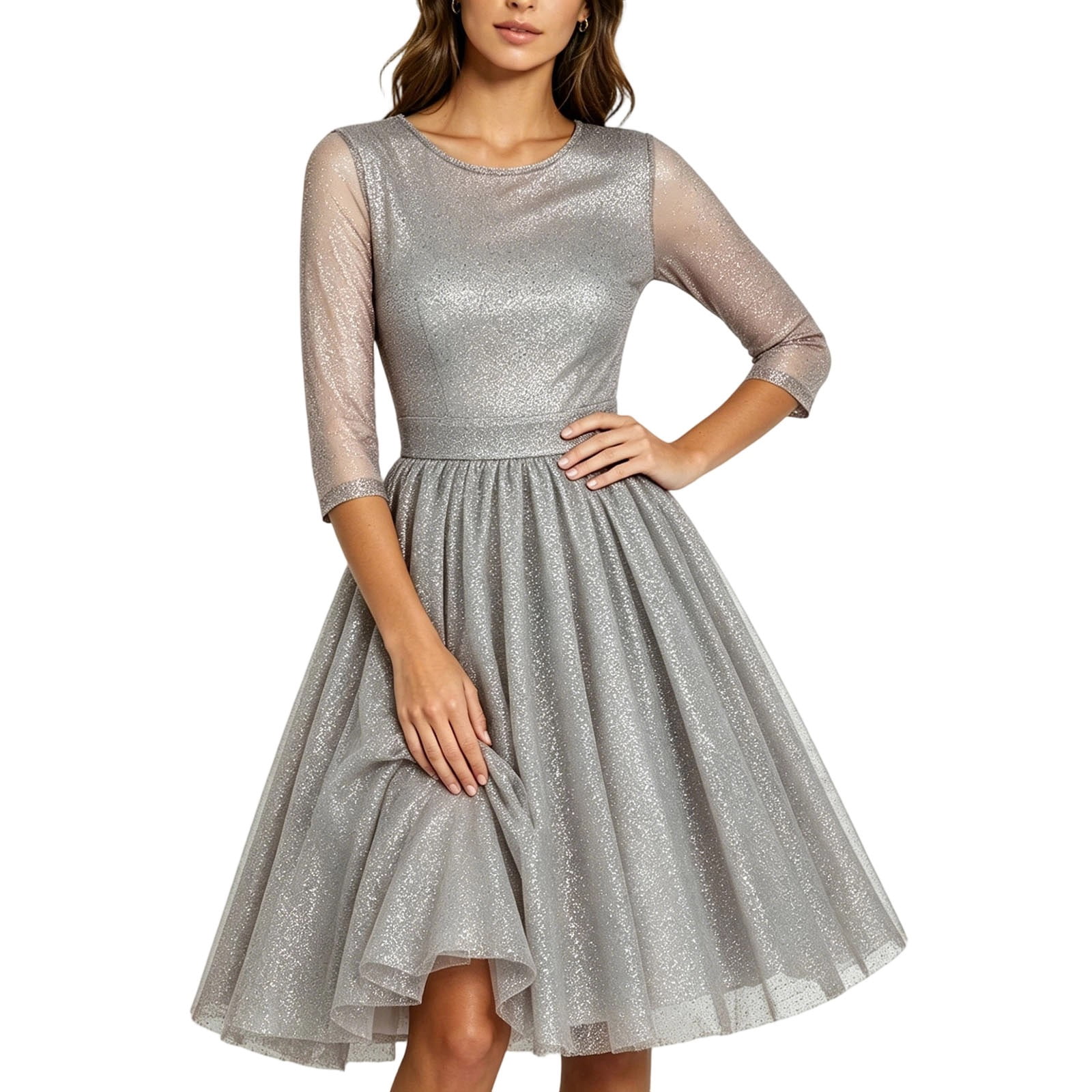 Shrysg Women's Elegant A-line Midi Dress with Sheer 3/4 Sleeves, High ...
