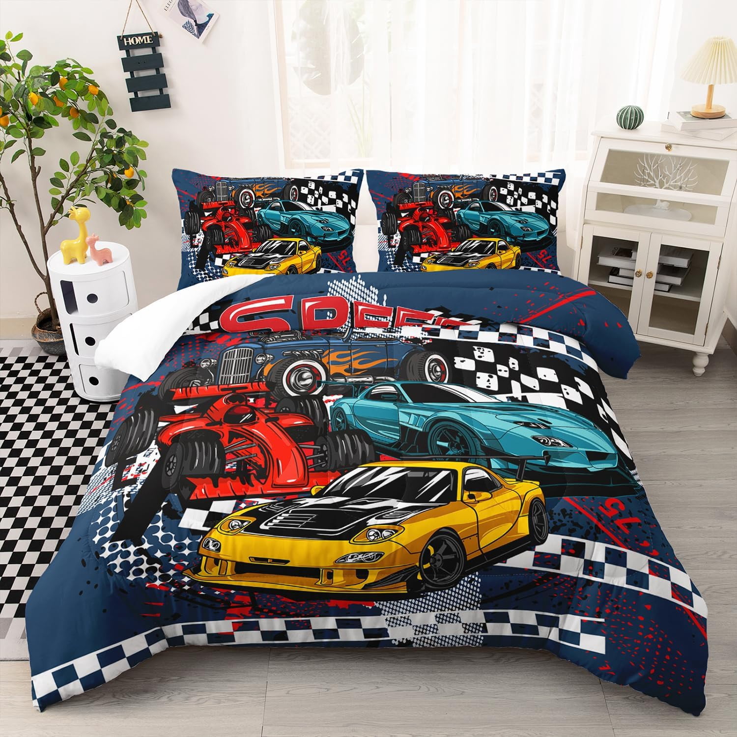 ShuYYun Racing Car Comforter Set Full Size, Cool Speed Race Car Bedding ...