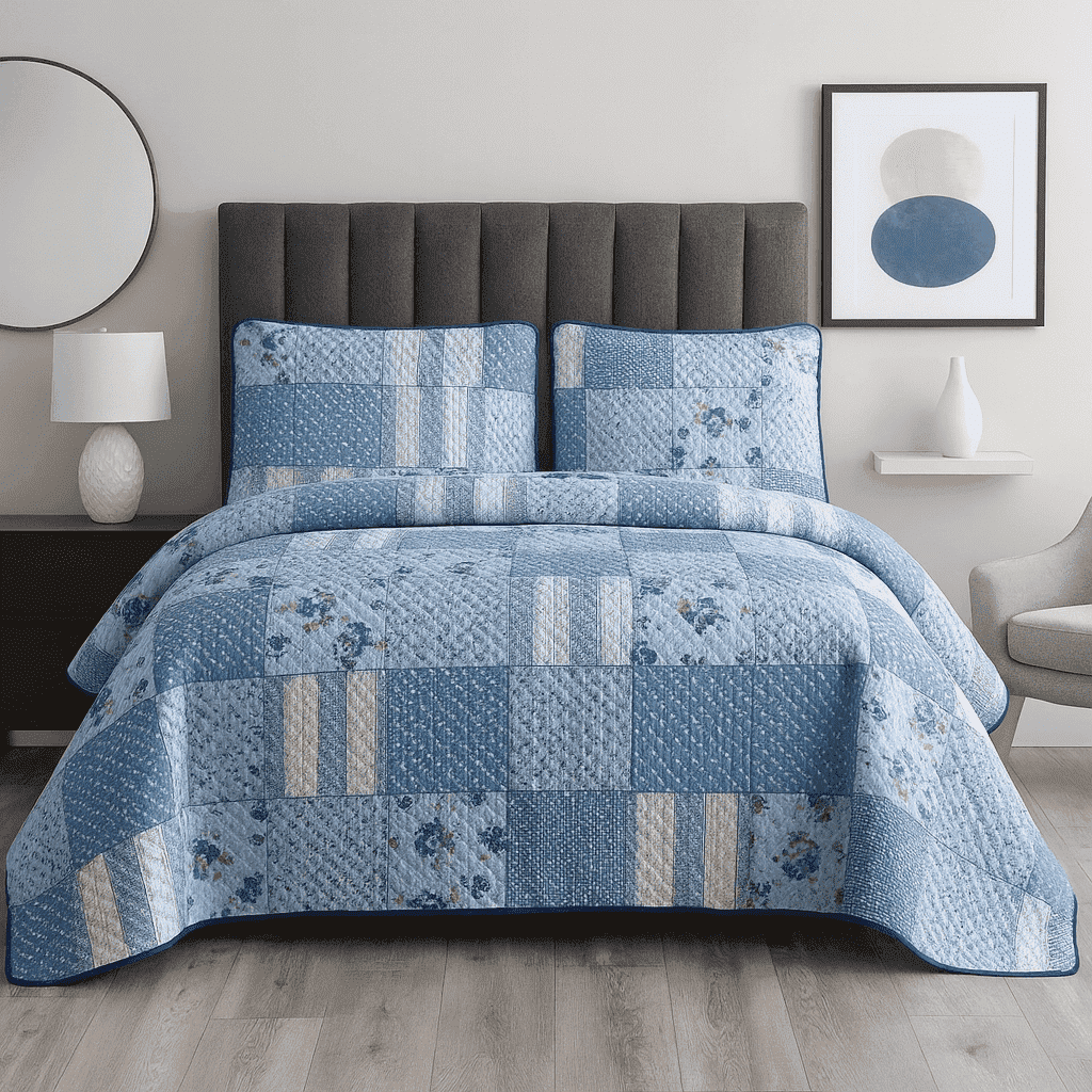Shubozy Reversible Cotton Blend Bedding Quilt Set with Embroidered ...