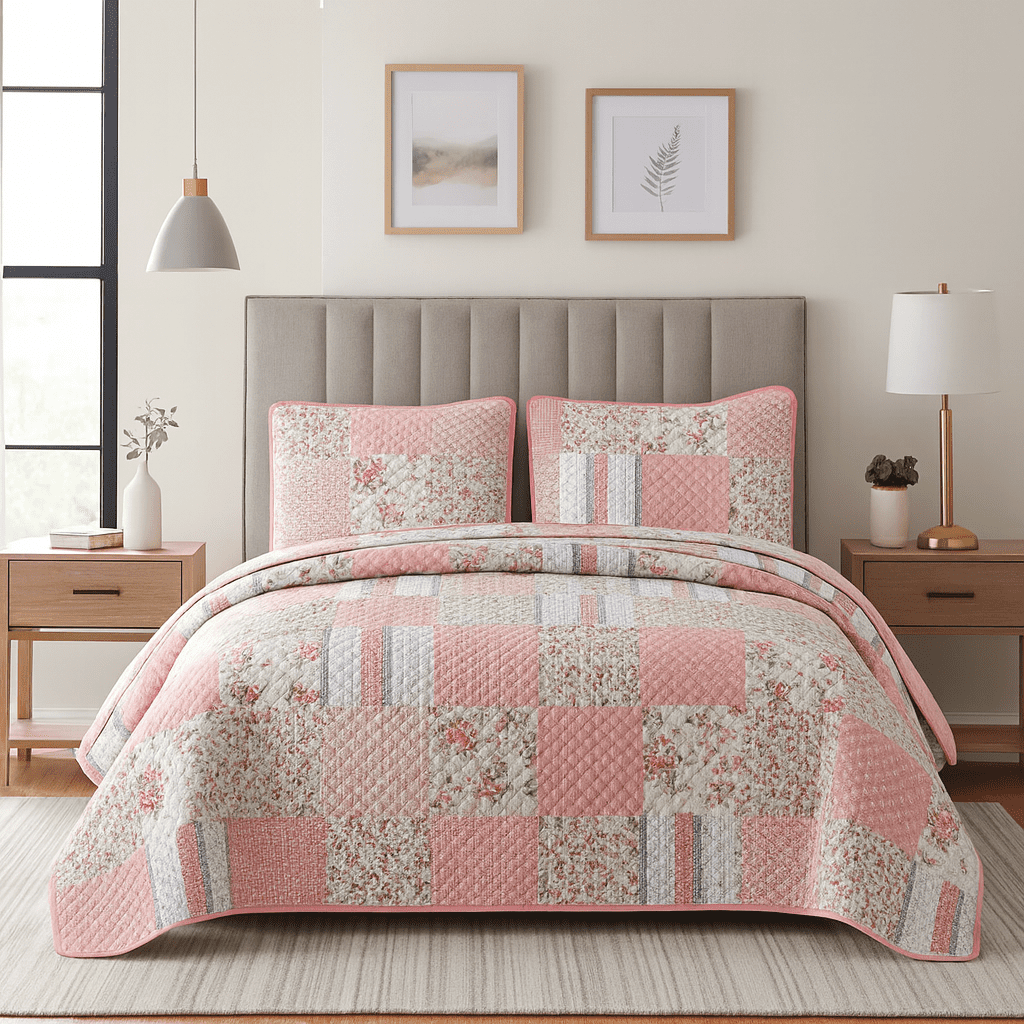 Shubozy Reversible Cotton Blend Bedding Quilt Set with Embroidered ...