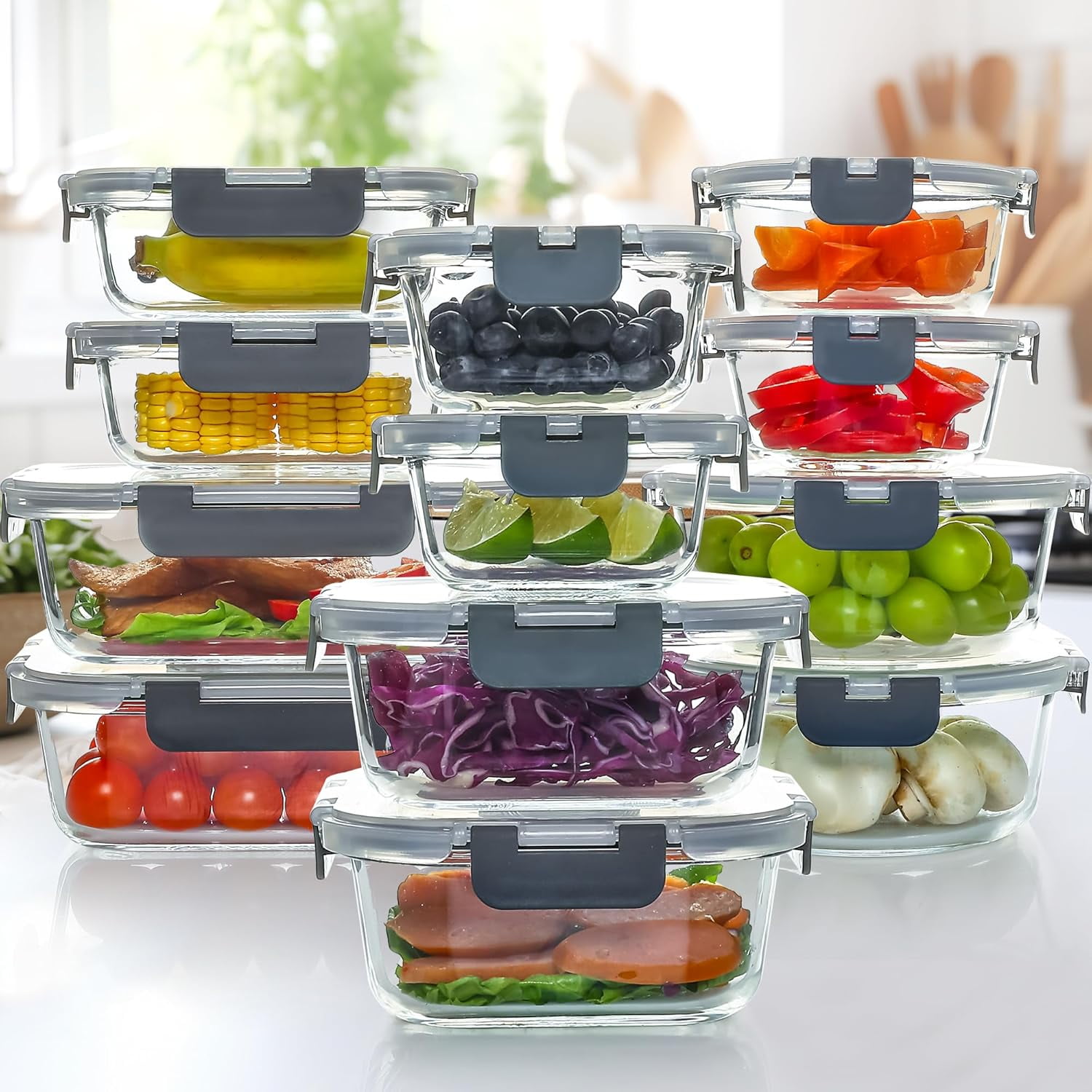 Shukong 12 PACK Glass Food Storage Containers with Leak of Lids, Glass ...