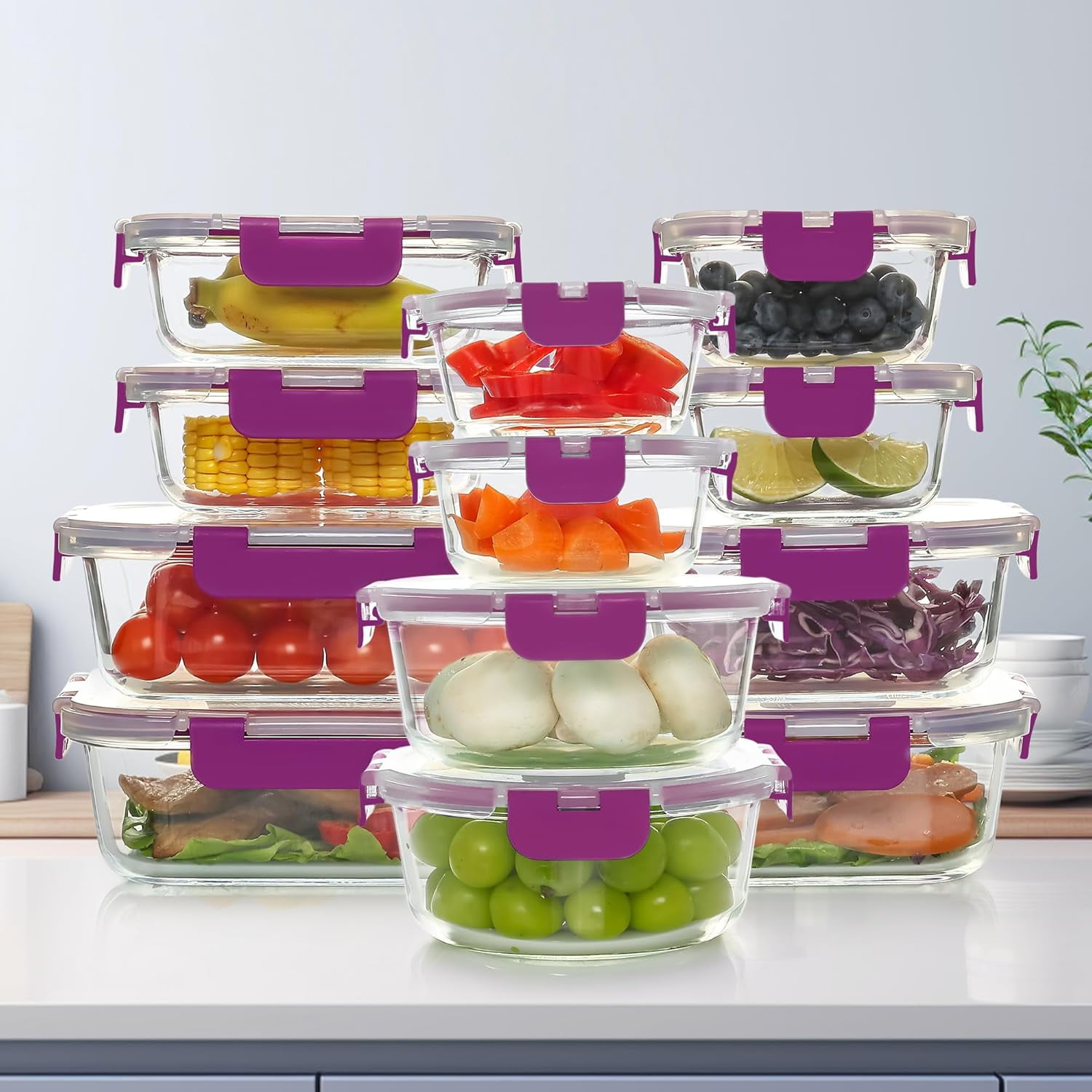 Shukong 12 PACK Glass Food Storage Containers with Leak of Lids, Glass ...