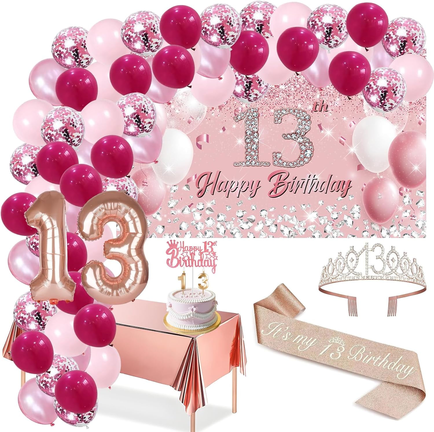 Shukong 13th Birthday Decorations for girls,13th Birthday Banner, Party ...