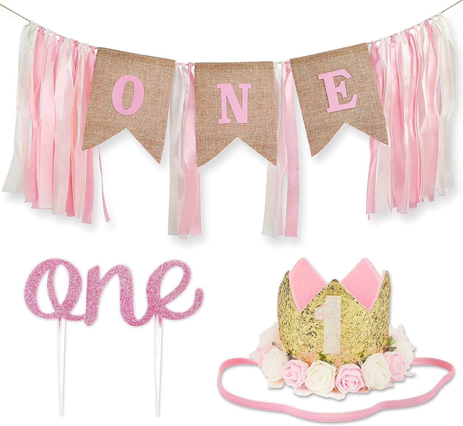 Shukong 1st Birthday Girl Decorations WITH Crown - 1 Year Old Baby rst ...