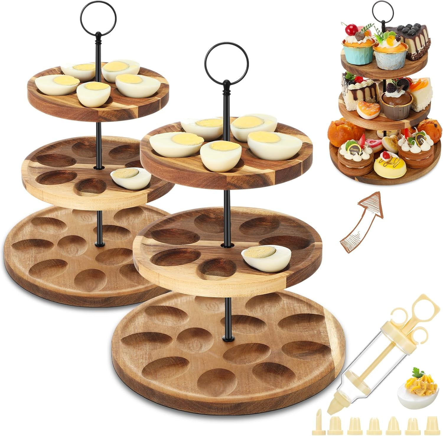 Shukong 2 Pcs Double Wooden Deviled Egg Platter 3 Tier 48 Holes Deviled ...