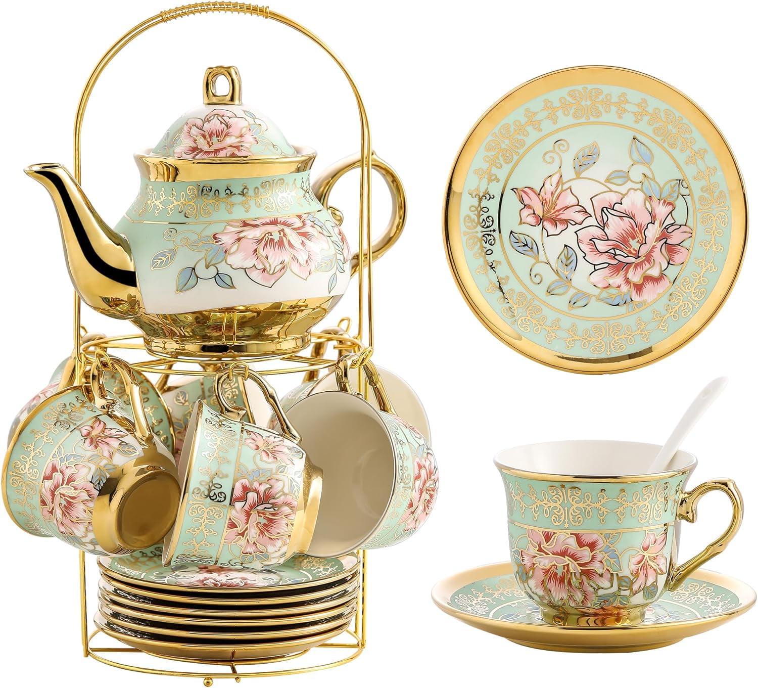 Shukong 20 Pieces Porcelain Tea Set With Metal Holder, European Ceramic ...