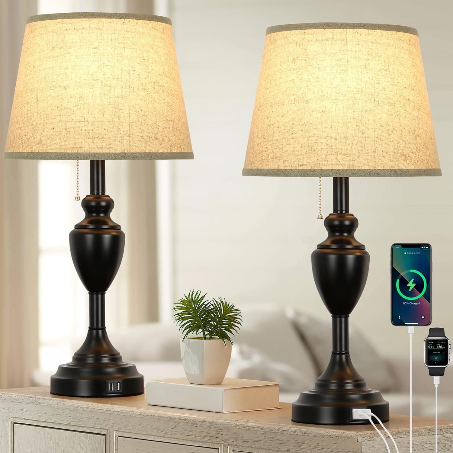 Shukong 24" Tall Table Lamps with 2 USB Charging Ports, Farmhouse ...