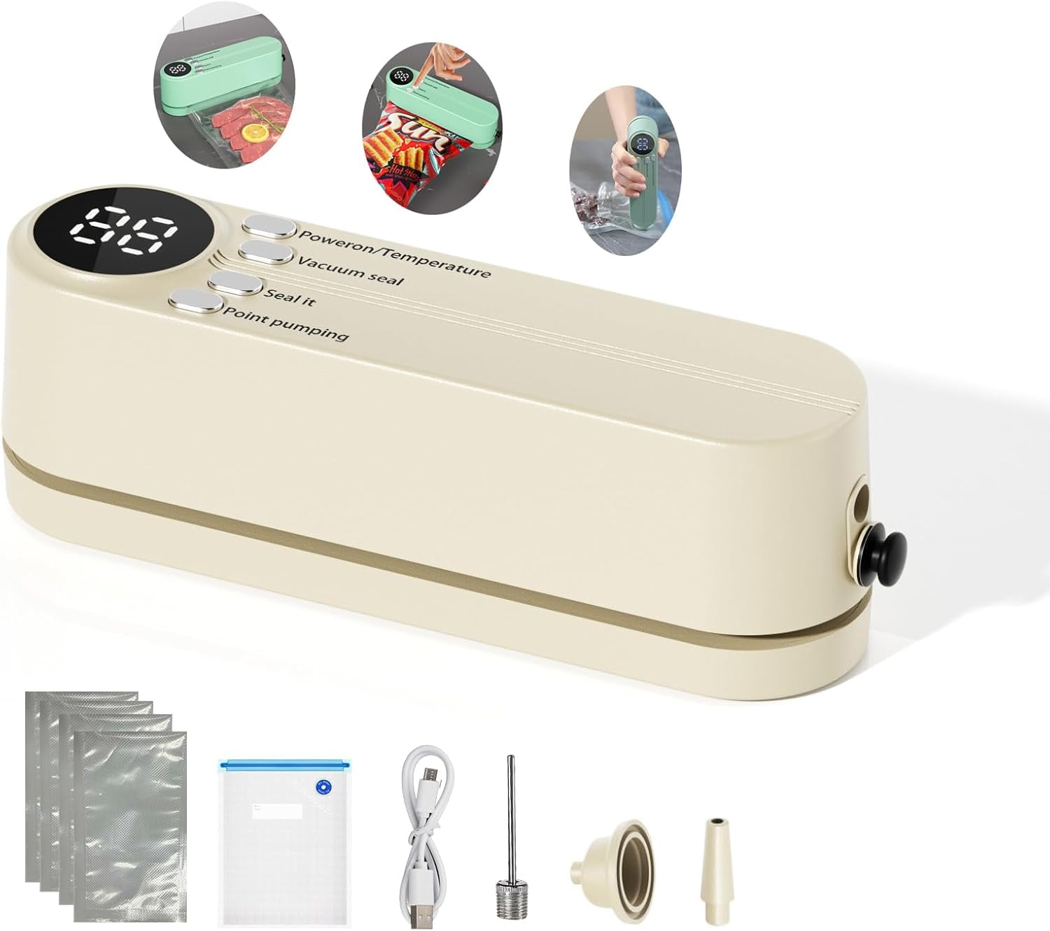 Shukong 3 in 1 Cordless Mini Vacuum Sealer Rechargeable Bag Sealer for ...