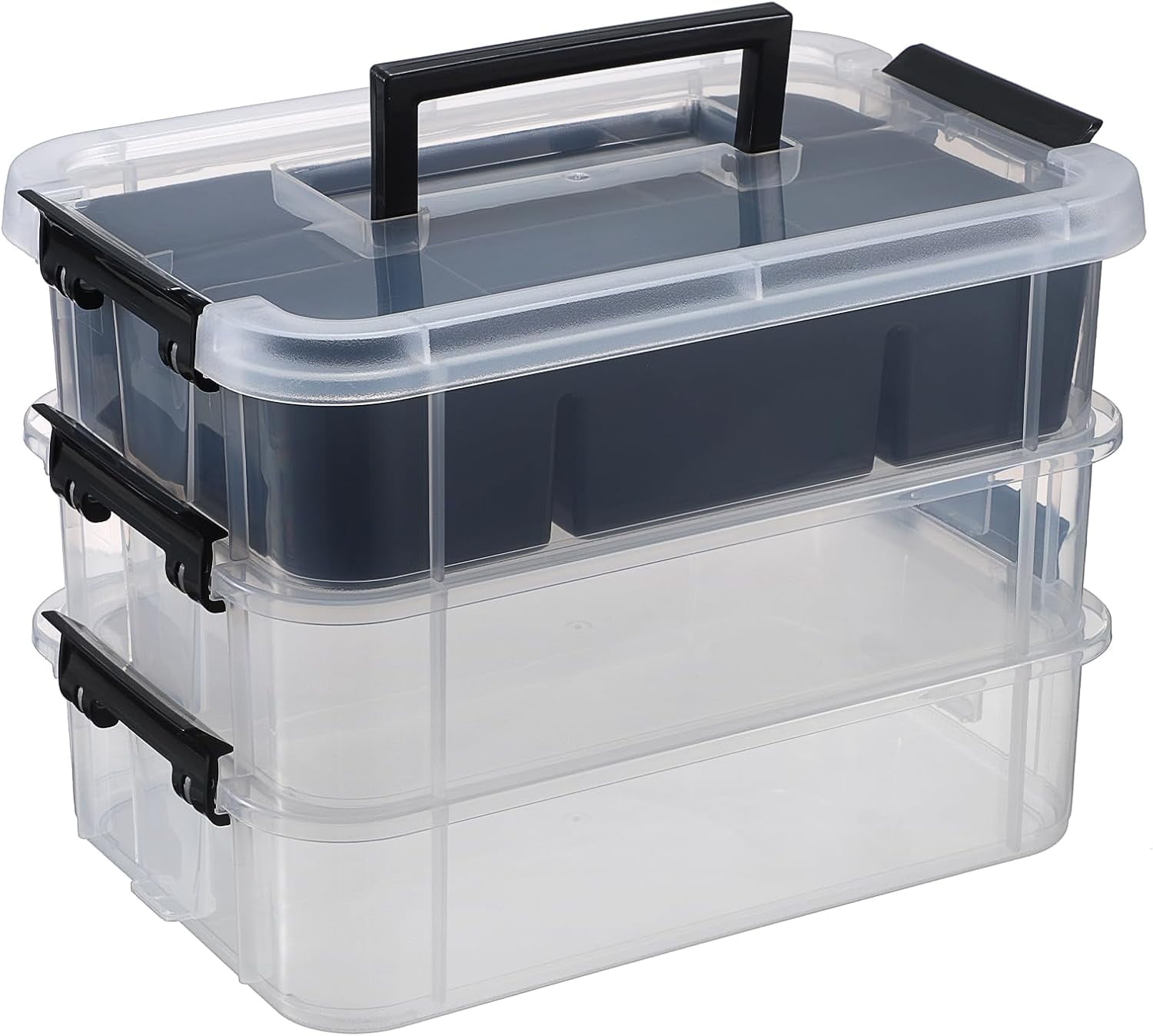 Shukong 3-Tiers Stack Carry Storage Box With Divided Tray, Transparent ...