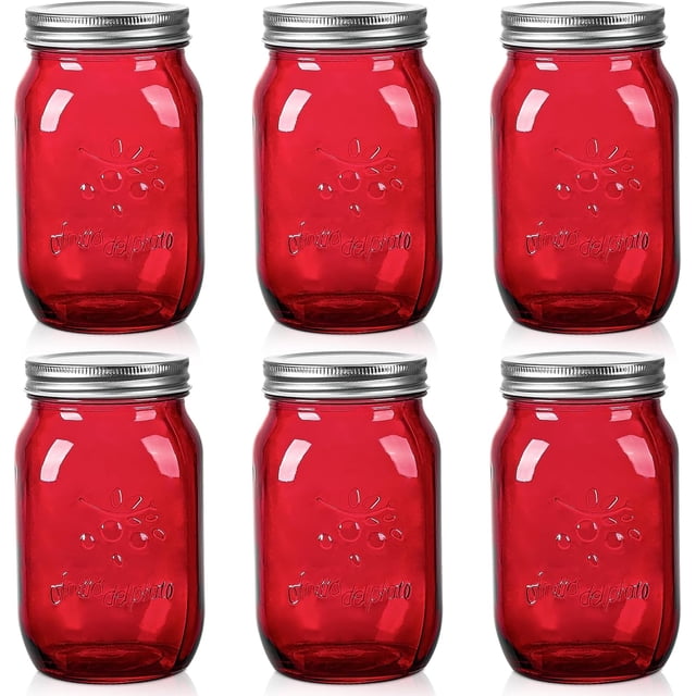Shukong 32oz Red Mason Jars with Lids, 6 Pack Wide Mouth Quart Canning ...