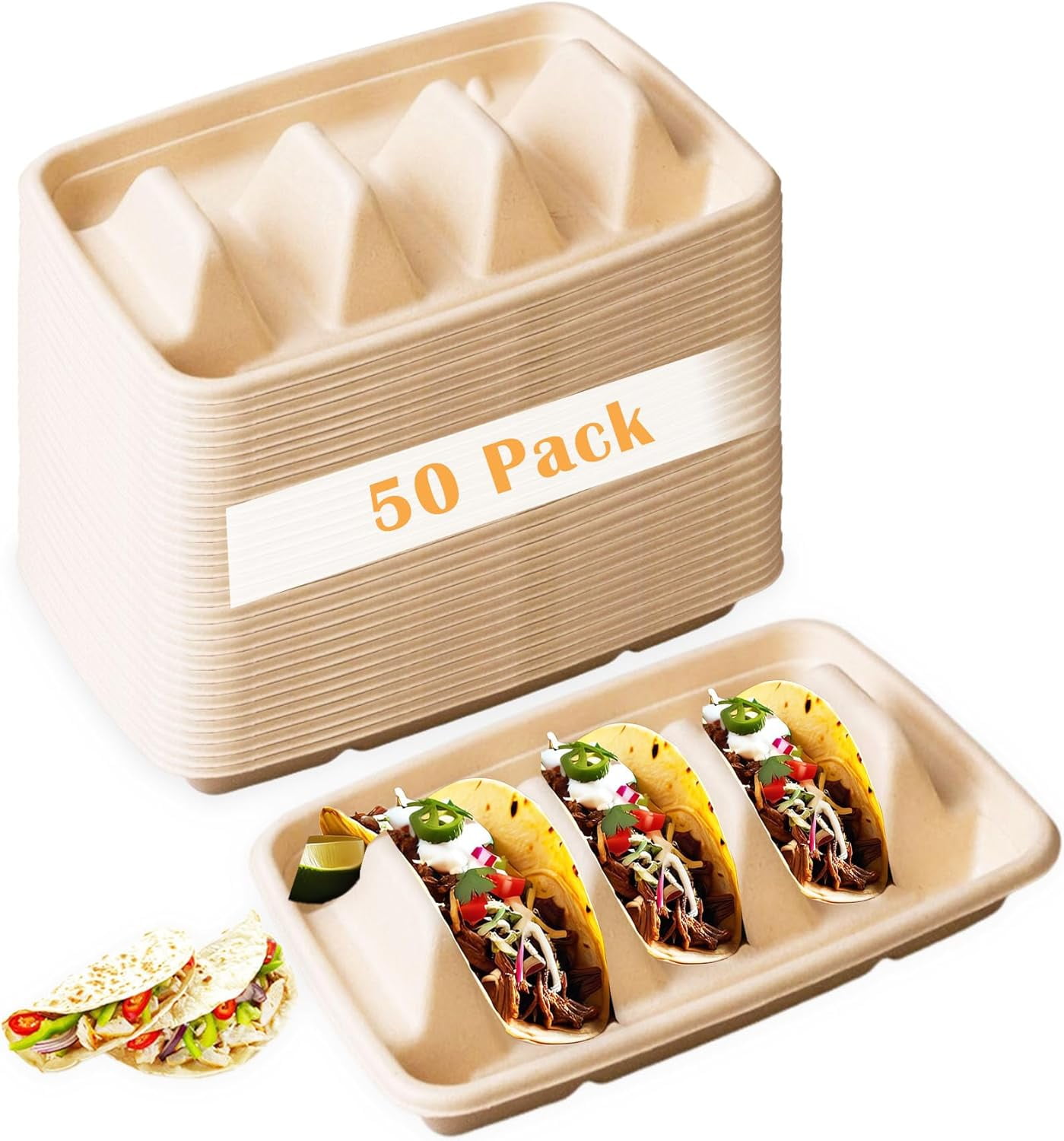 Shukong 50 Pack Disposable Taco Holder, 3 Compartments Biodegradable ...