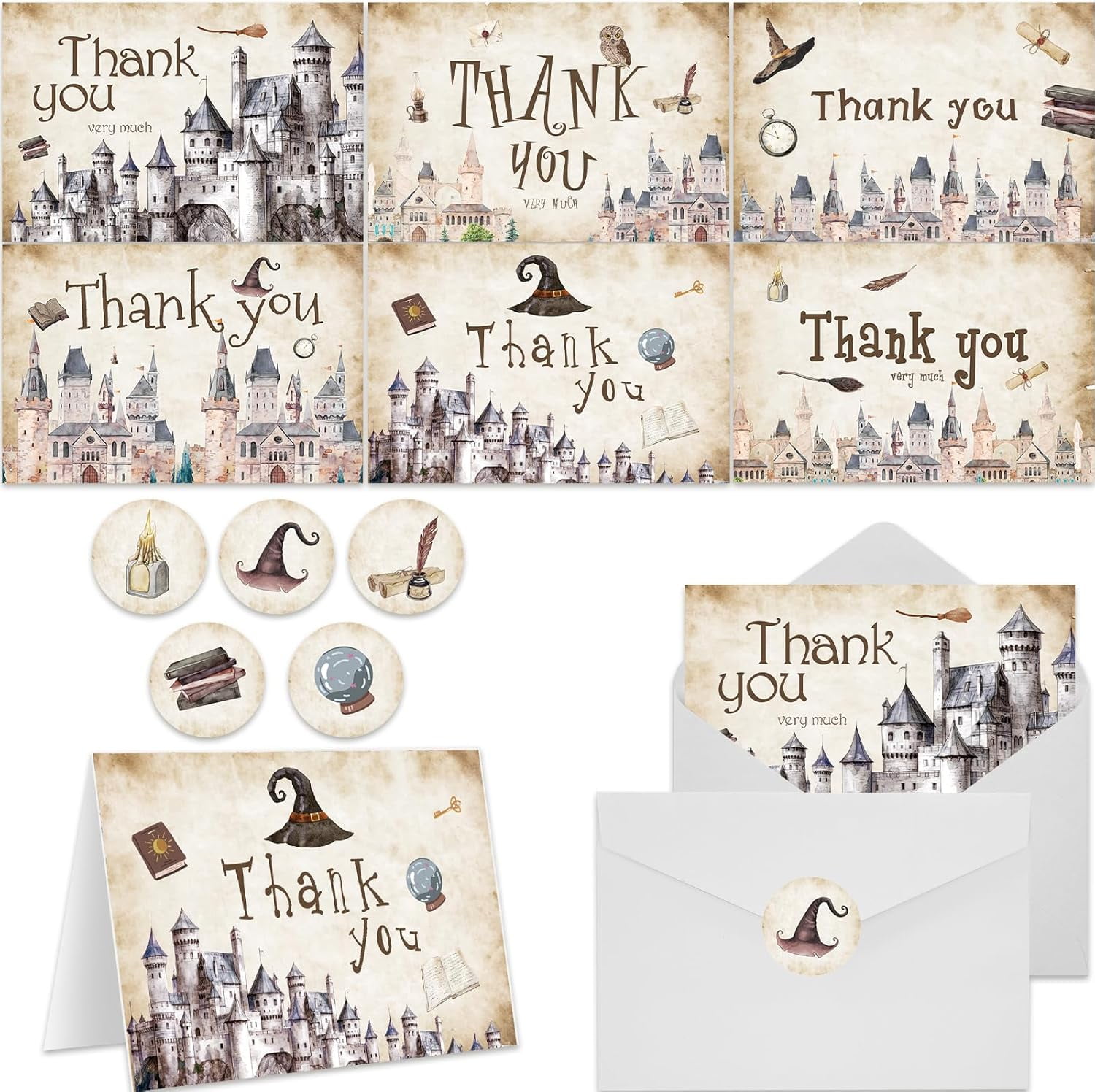 Shukong 60 Pieces Magic Wizard Baby Shower Thank You Cards,Castle ...