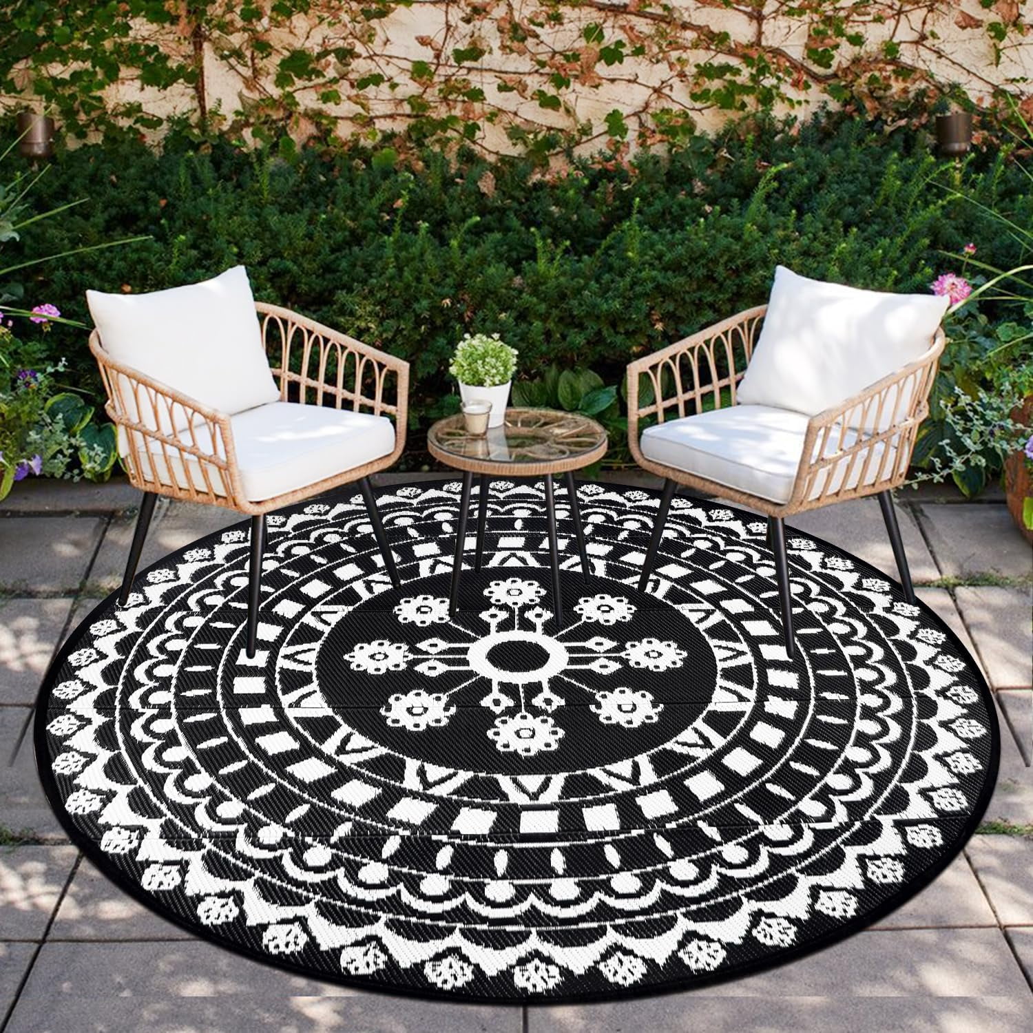 Shukong 6Ft Round Outdoor Rug for Patio Reversible Mat Boho Circle ...