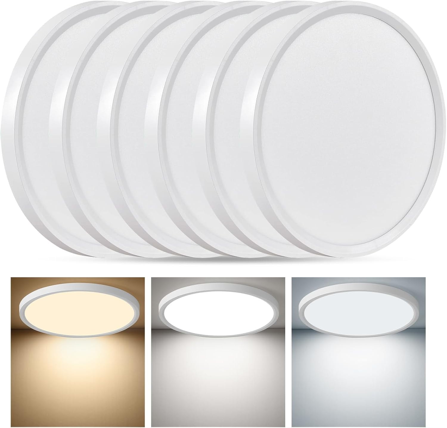 Shukong 6PK 12" LED Flush Mount Ceiling Light, 24W, 2520LM, 3000K/4000K/6000K CCT Selectable, 0. ...