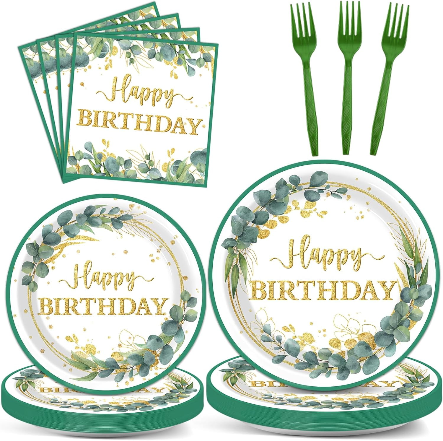 Shukong 96 Pieces Greenery Eucalyptus Happy Birthday Plates Eucalyptus ...