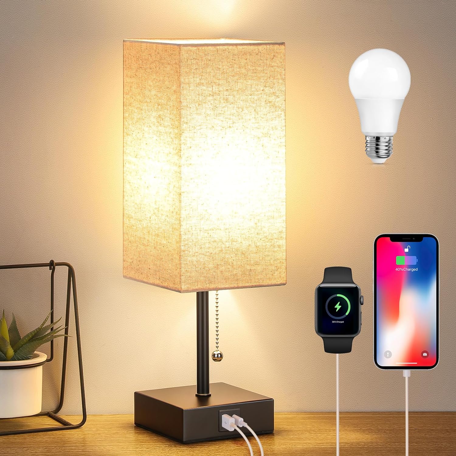 Shukong Bedside Table Lamp, Pull Chain Table Lamp with USB C+A Charging ...