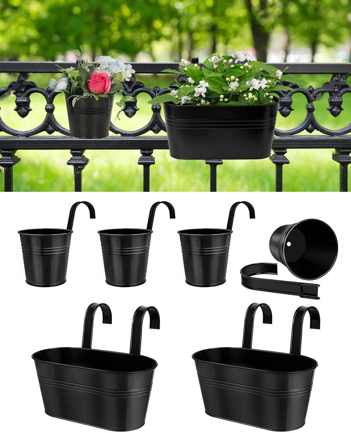 Shukong Black Metal Railing Planter for Outdoor Plants - 6 Pack Balcony ...