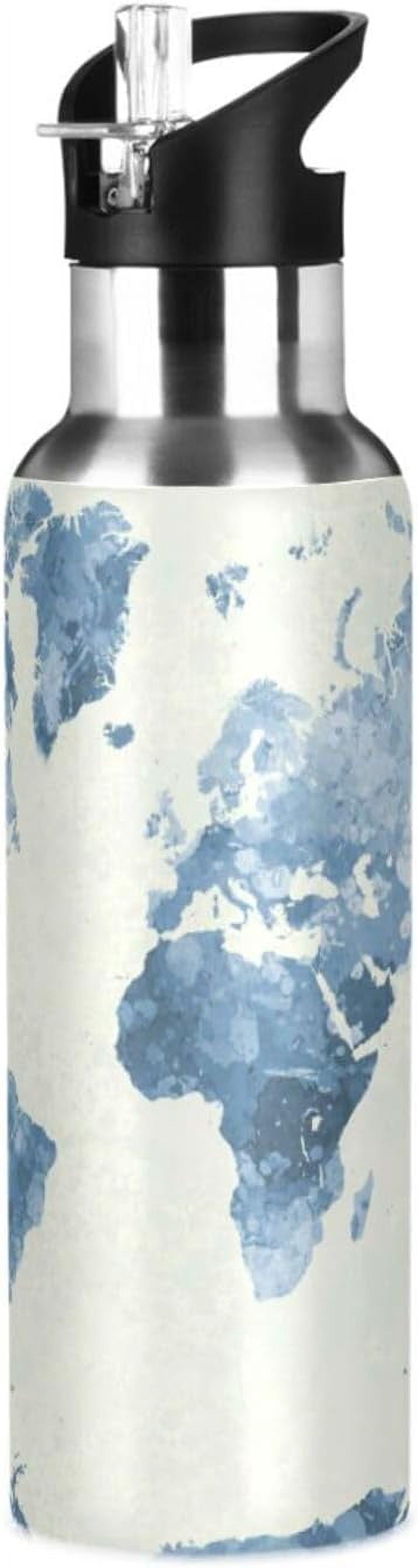 Shukong Blue World Map Water Bottle with Straw Lid 20oz Leakproof ...