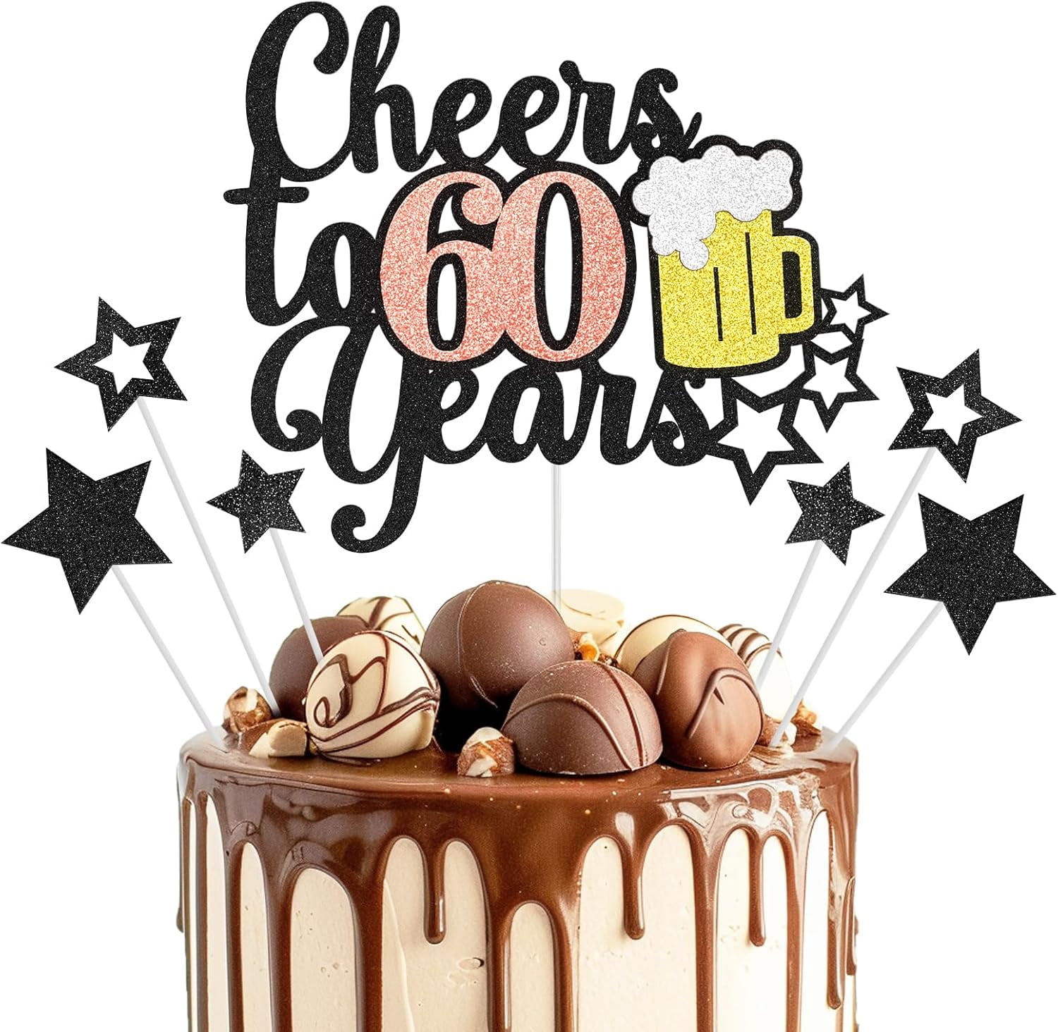 Shukong Cheers to 60 Years, Happy 60th Birthday Cake Tor, Black Rose Gold Glitter Cake ...