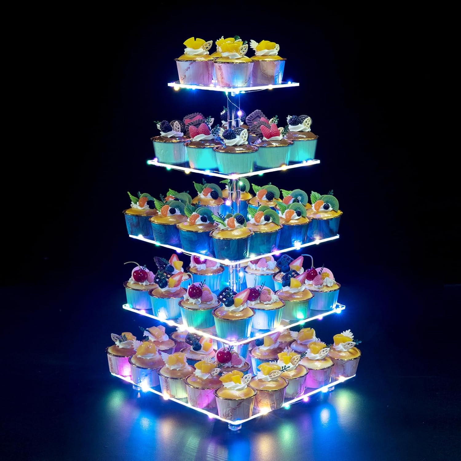Shukong Cupcake Stand, 5-Tier Square Cupcake Holder with LED Light ...
