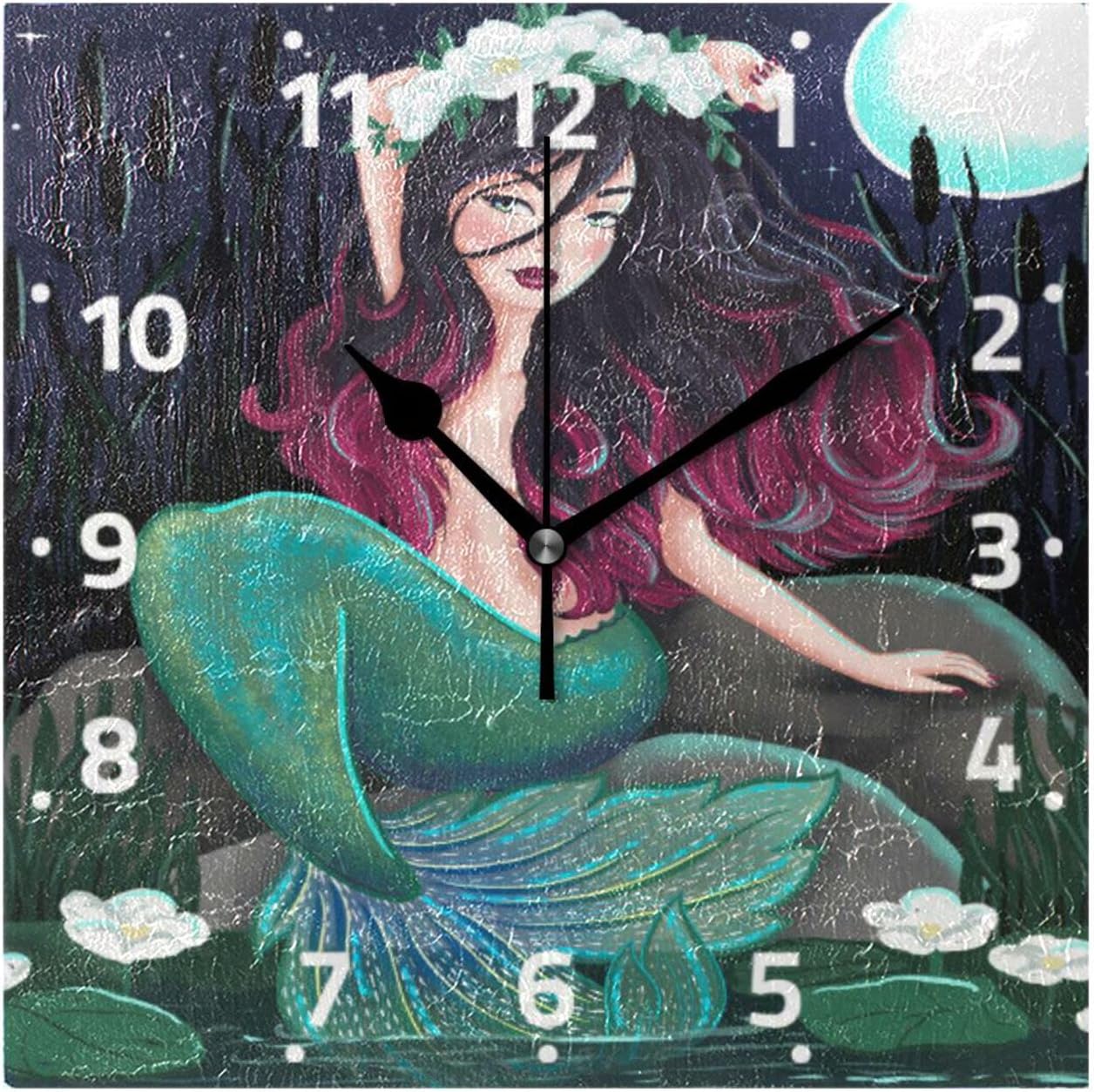 Shukong Fairy Mermaid in The Night Wall Clock Square Silent Non-Ticking ...