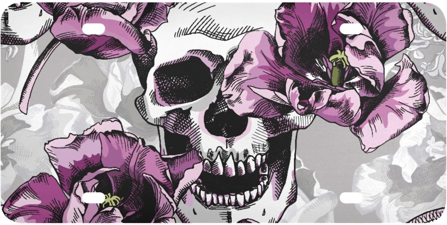 Shukong Front License Plate Purple Rose Skull Print Aluminum 4 Holes ...