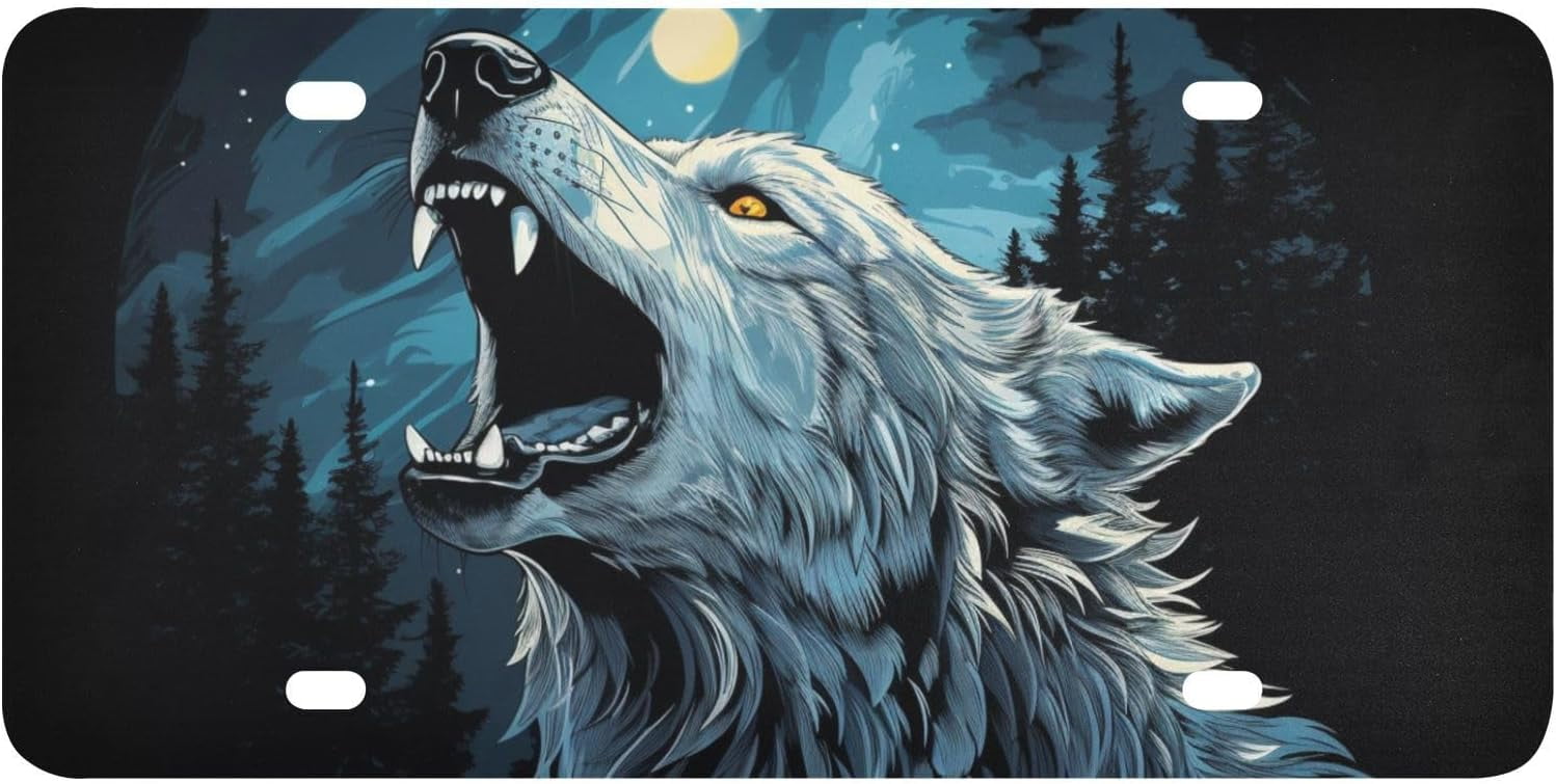 Shukong Front License Plate Scary Wolf Night Print Aluminum 4 Holes ...