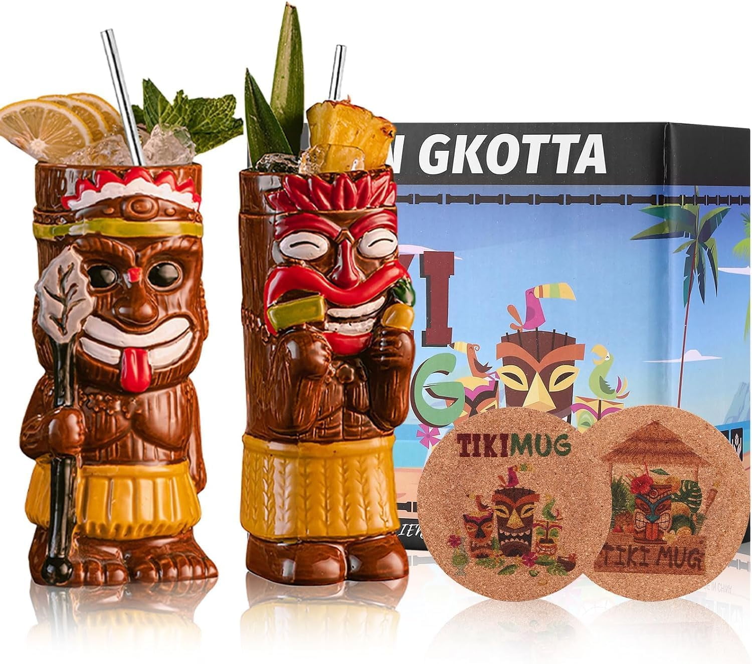 Shukong Gift-Set Tiki Mugs for Cocktail Set of 2 - Ceramic Tiki Cups ...