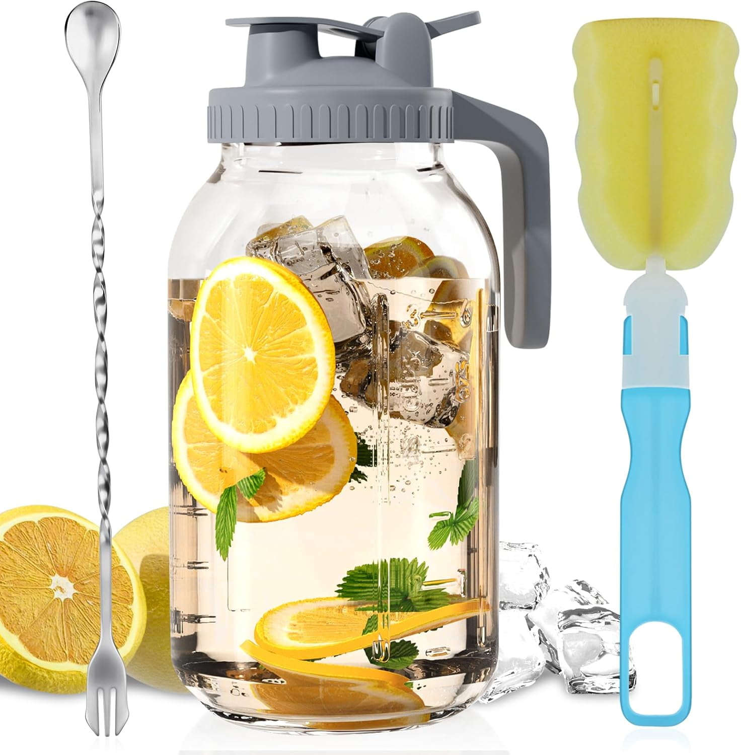 Shukong Glass Mason Jar Pitcher - 64oz with Pour Spout Lid, Airtight ...