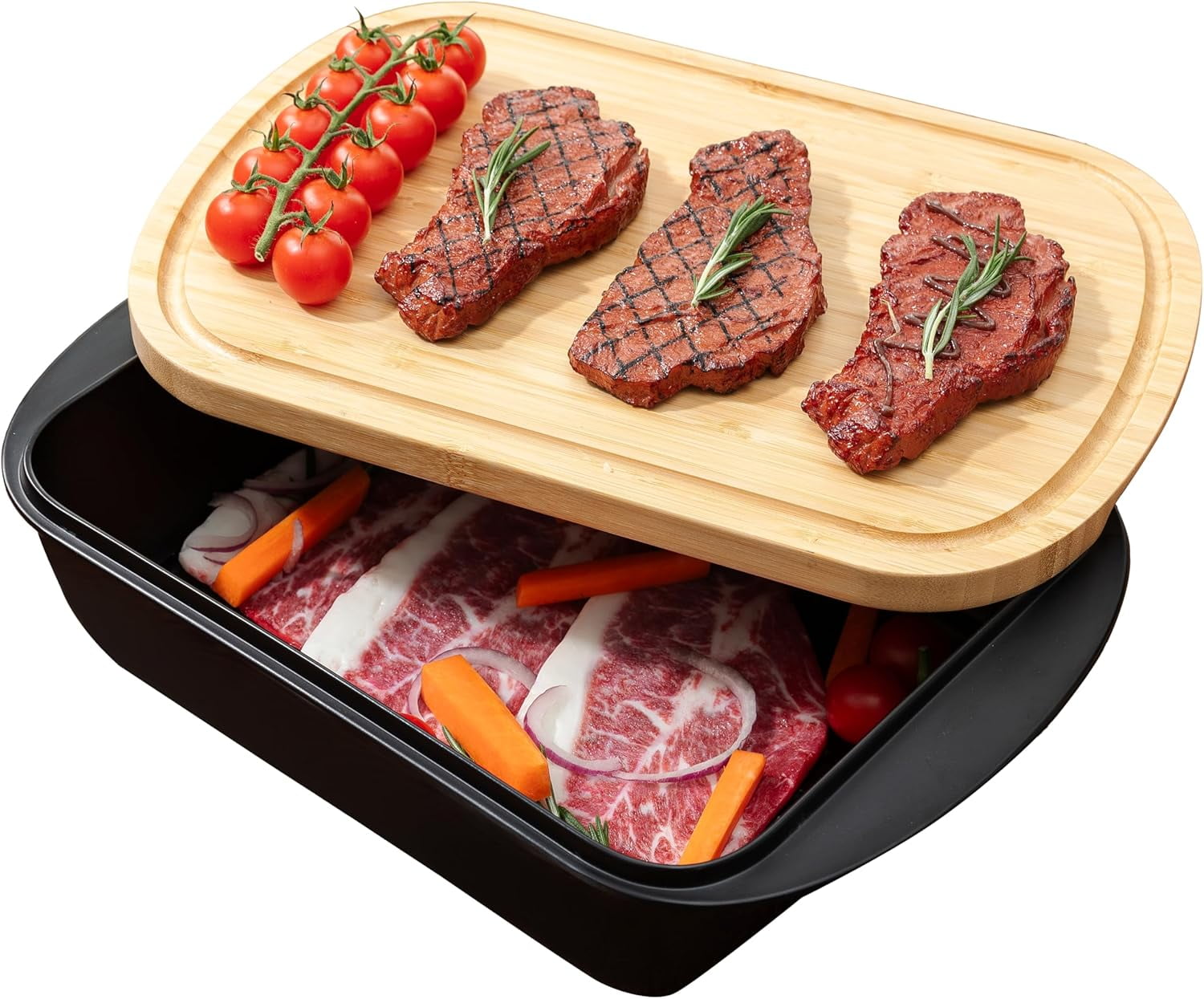 Shukong Grill de Tray with Wood Lid, Grill Serving Platter Set, Barbeque Prep platter sets, 2 ...