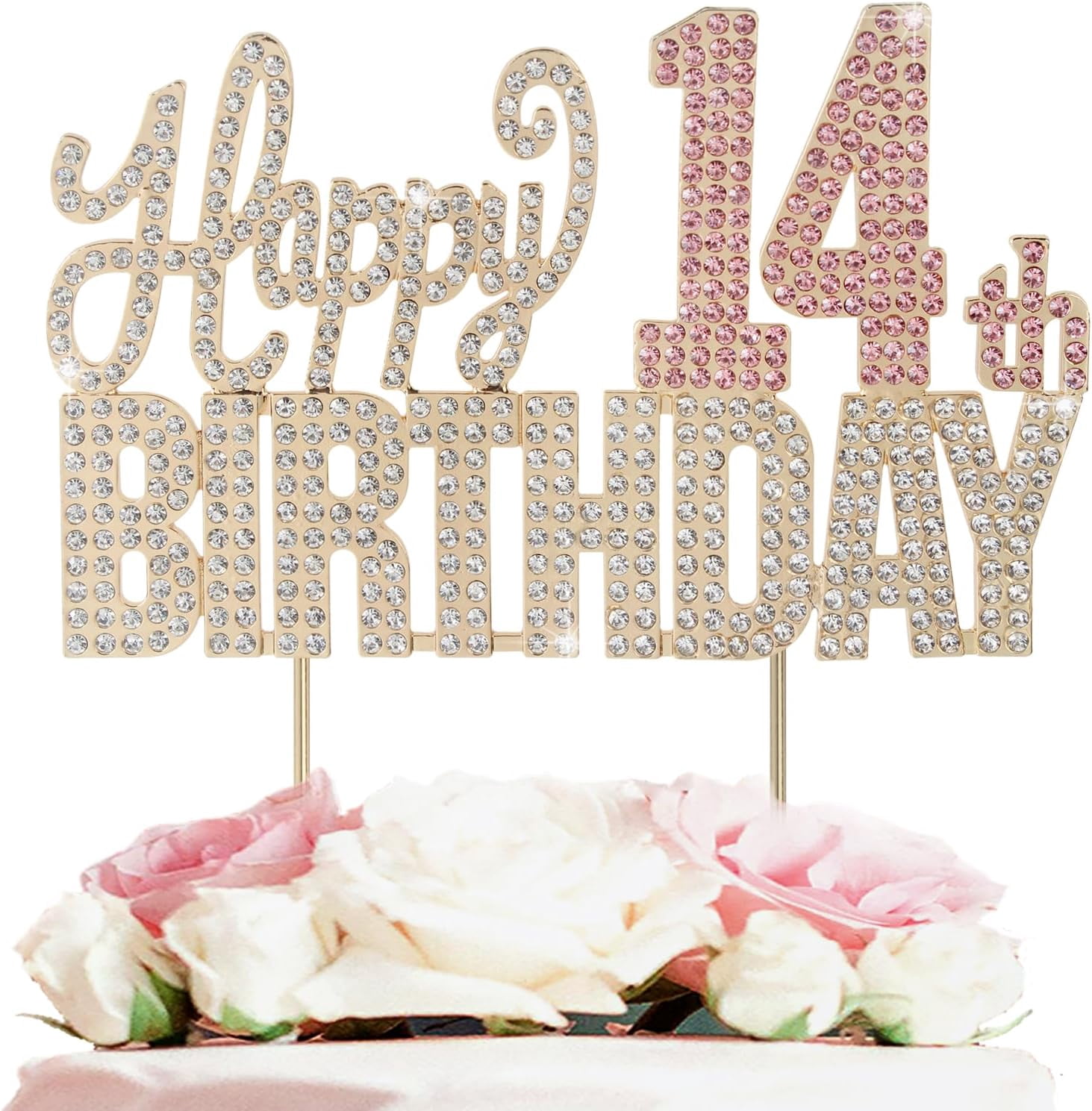 Shukong Happy 14th Birthday Gold & Pink Rhinestone Cake Tor - Cheers to ...