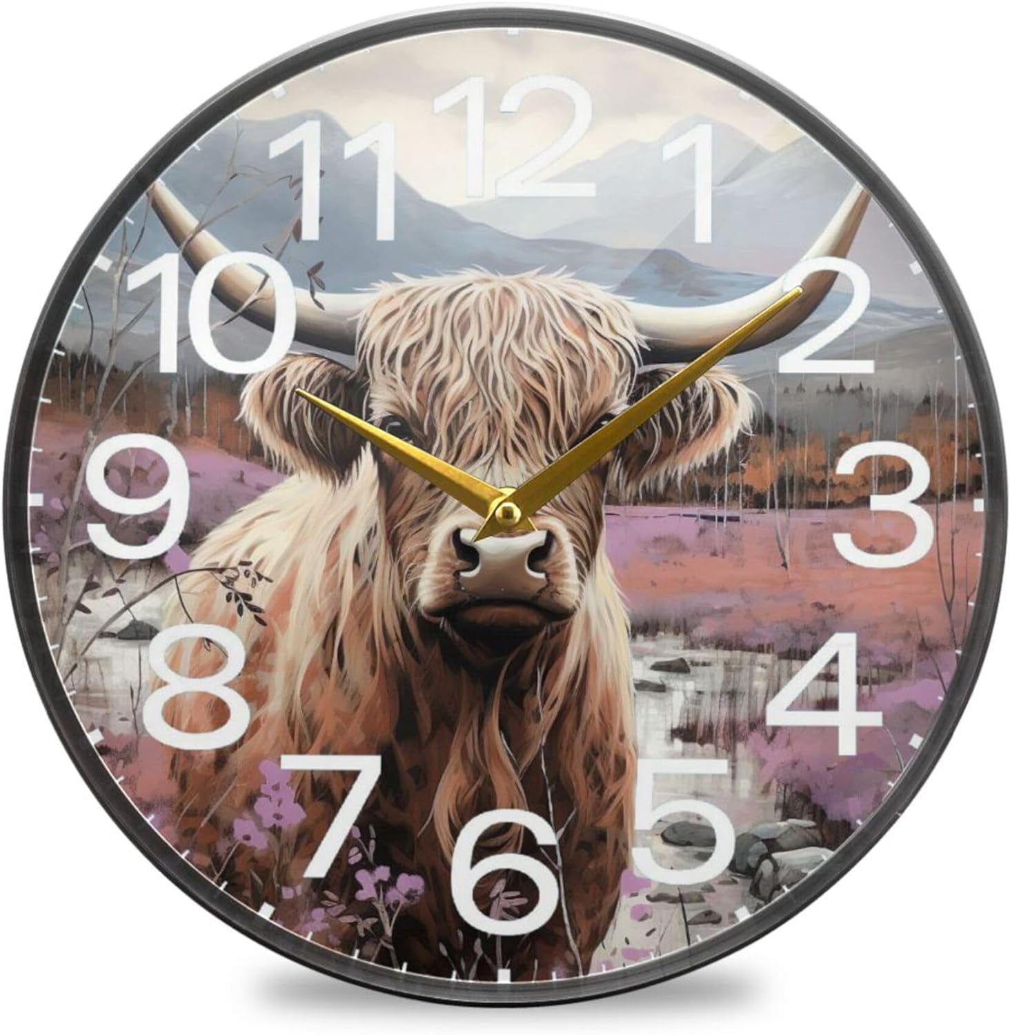 Shukong Highland Cow Painting Wall Clock 12 Inch Silent Non Ticking ...
