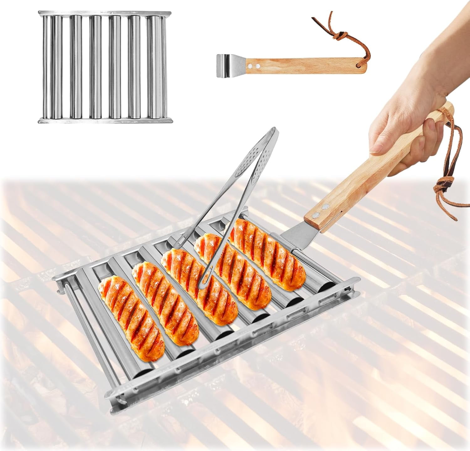 Shukong Hot Dog Roller for Grill, Stainless Steel BBQ Sausage Roller Rack with Extra Long Wood ...