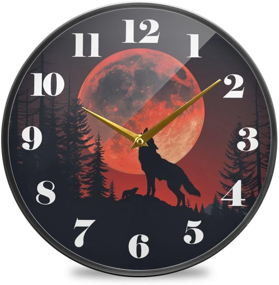 Shukong Howling Wolf Red Moon Wall Clock Battery Operated Silent Non ...
