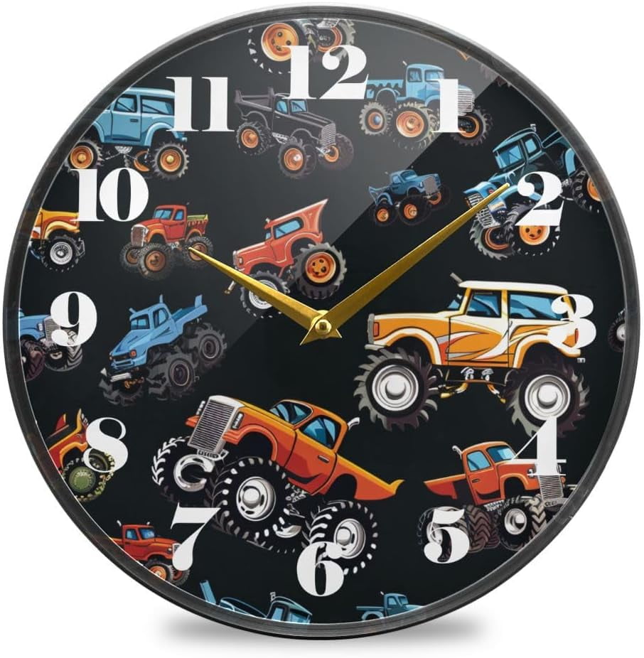 Shukong Monster Truck Cartoon Wall Clock Battery Operated Silent Non ...