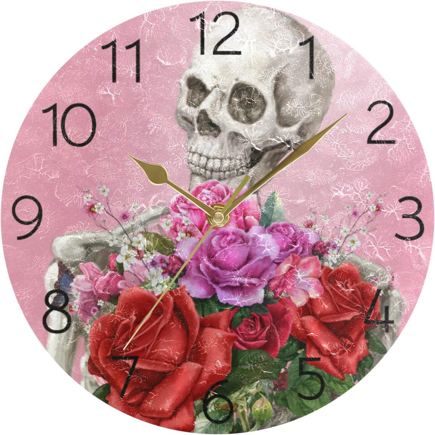 Shukong Painting Human Skeleton Roses Wall Clock Round Silent Non ...