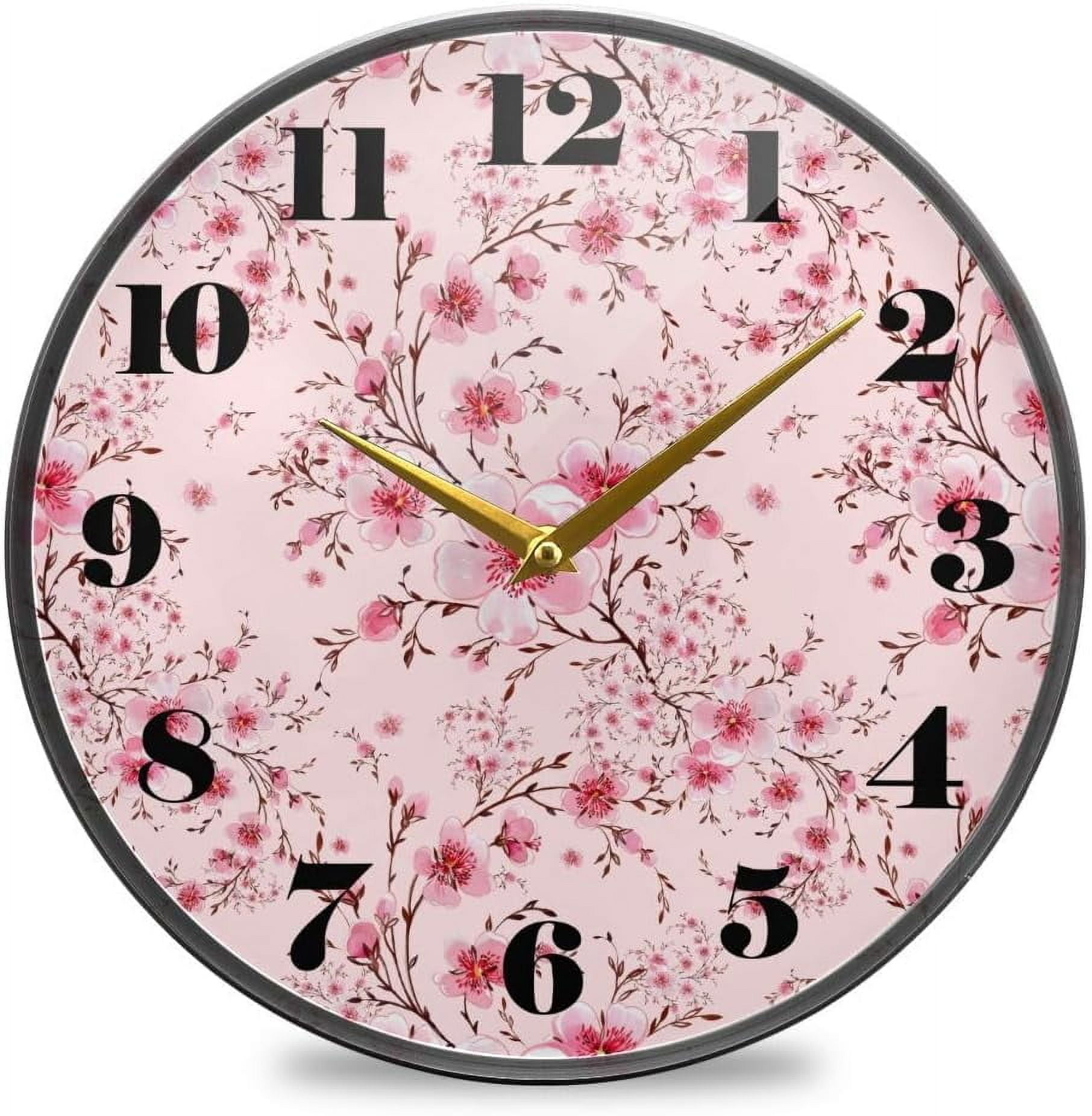 Shukong Pink Cherry Blossom Flower Floral Wall Clock Battery Operated ...