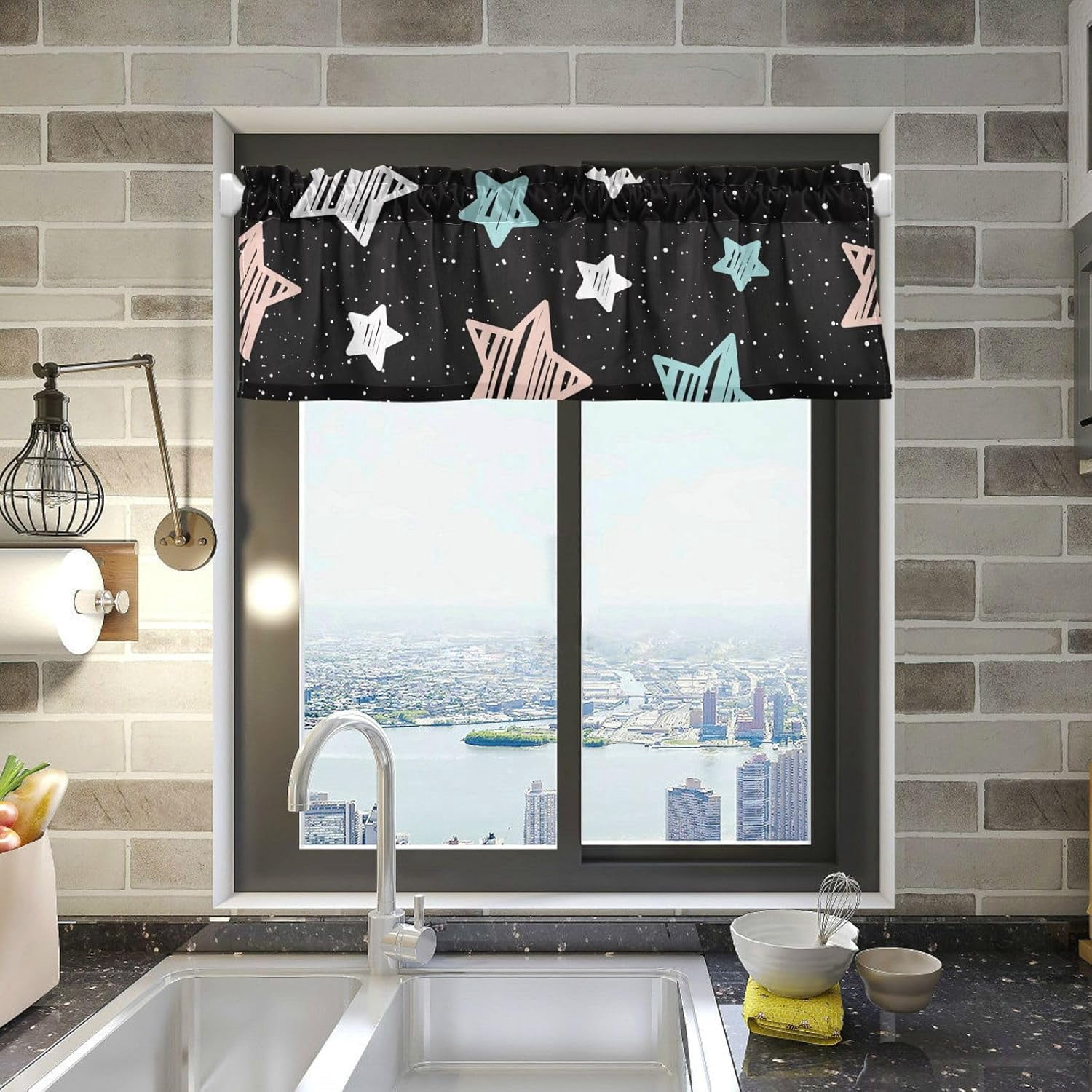 Shukong Pink White and Blue Star Valance Curtain 1 Panel 52x18 inch Rod ...