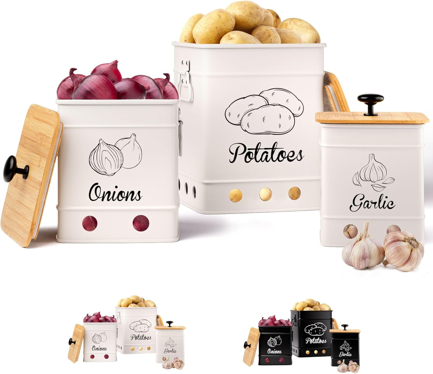 Shukong Potato Onion Garlic Storage Set of 3 Ventilated Iron Canisters ...