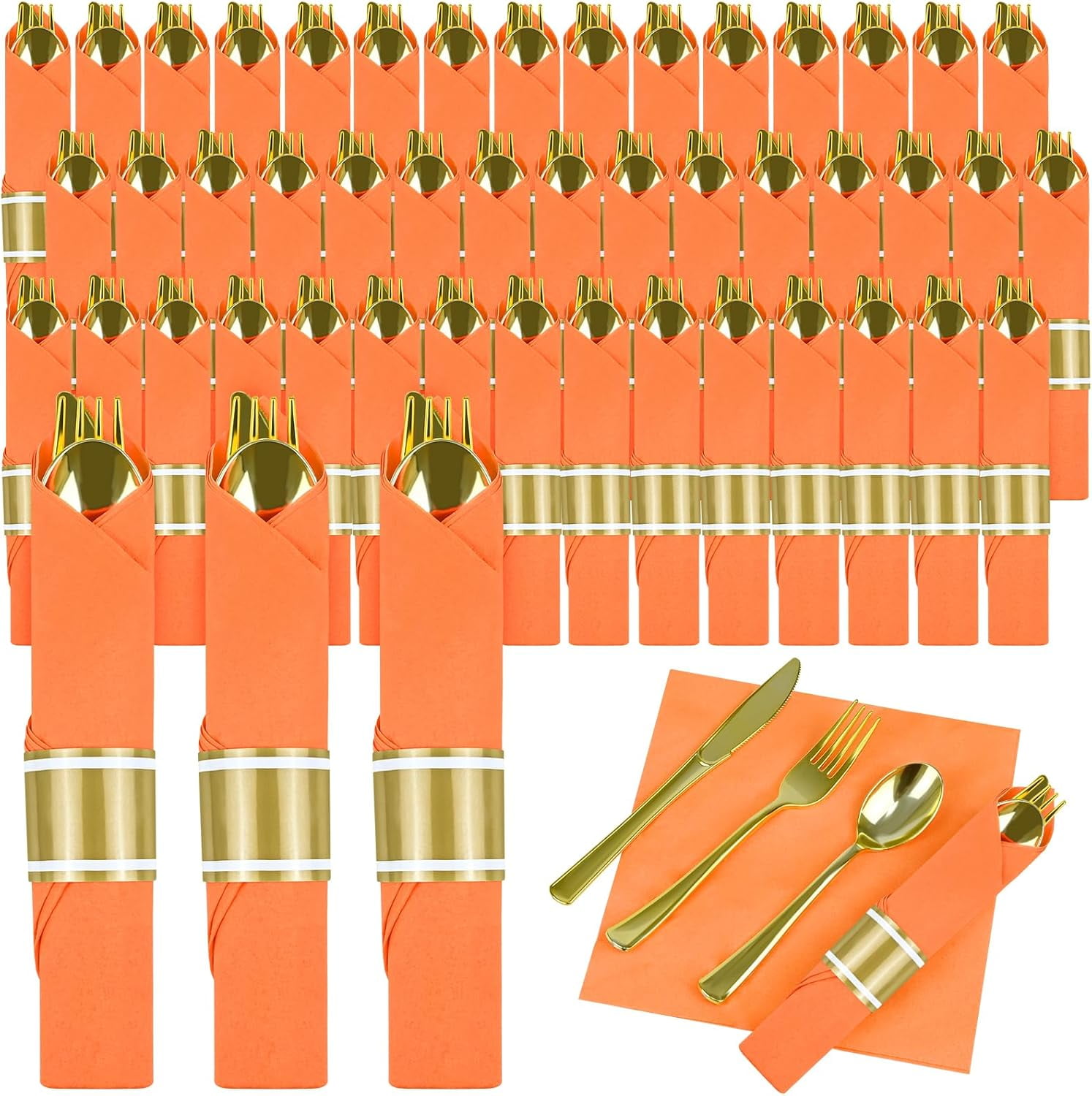 Shukong Pre Rolled Gold Plastic Silverware with Orange Napkins, 100Pack ...