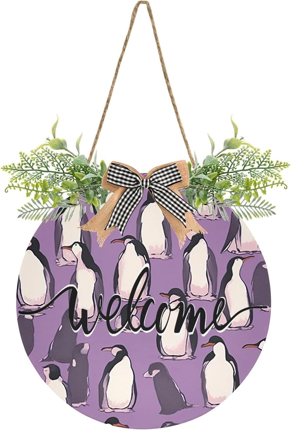 Shukong Purple Penguins Front Door Round Decor,Hanging Welcome Sign ...