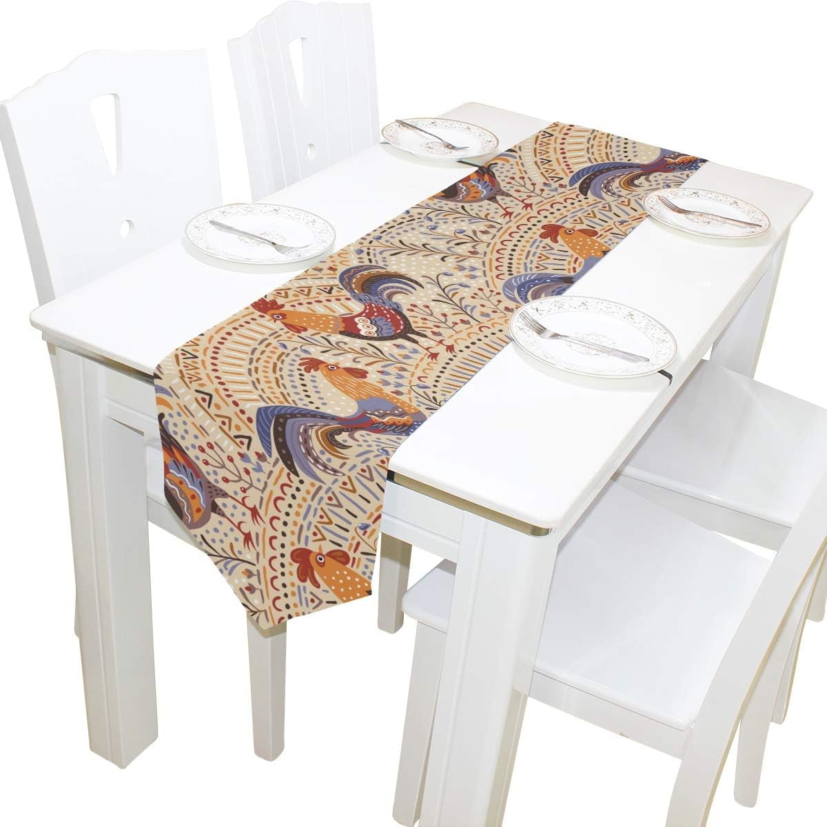 Shukong Rectangle Cloth Table Runner Cute Roosters in Floral Ornament ...
