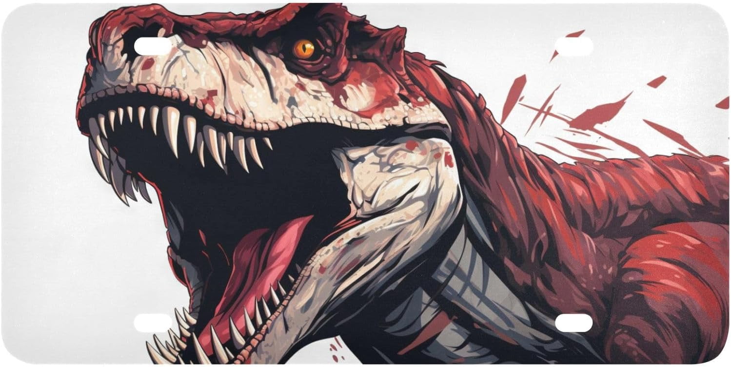 Shukong Red Rex Dinosaur Front License Plate Aluminum 4 Holes, Car Tag ...