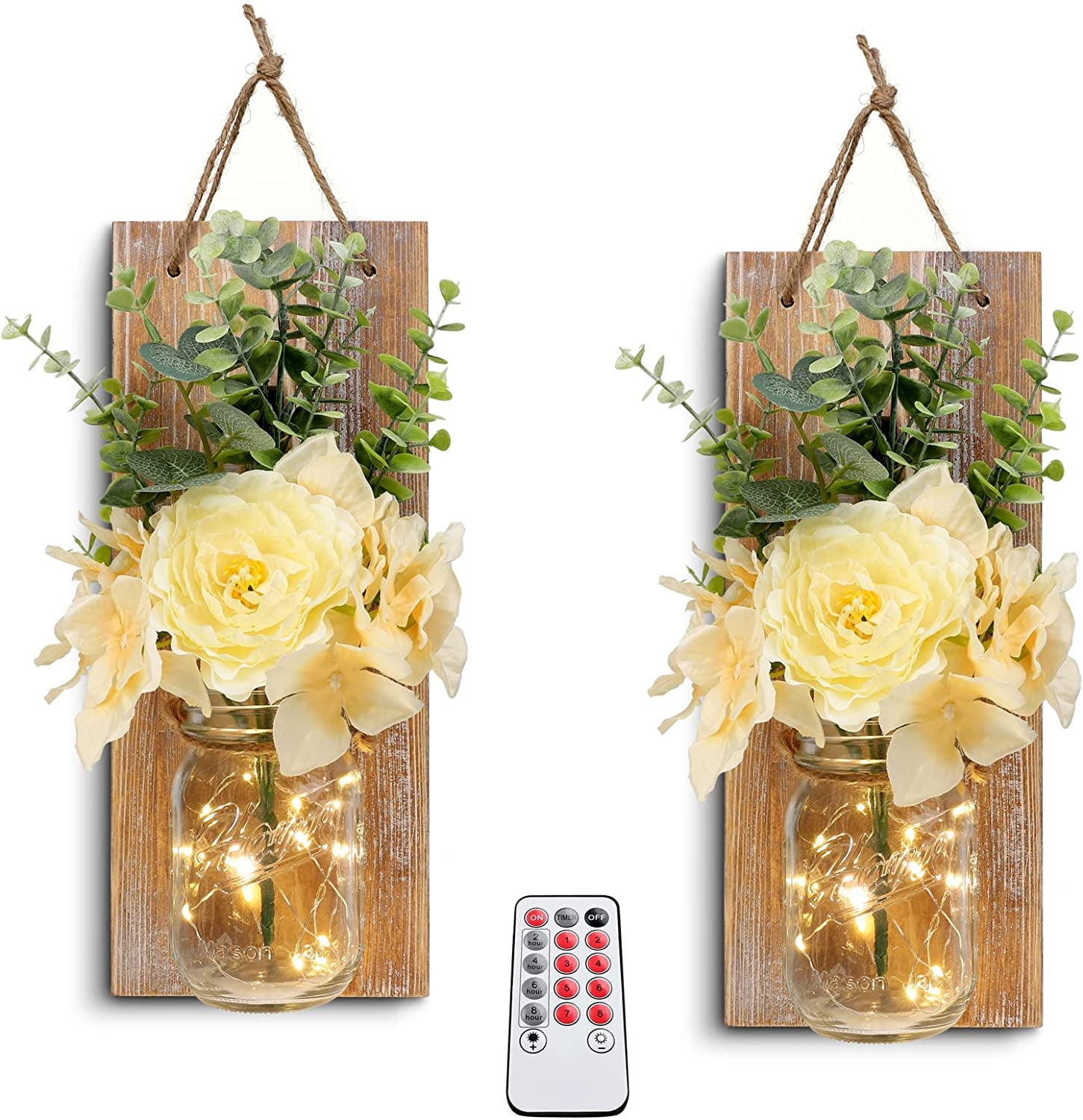 Shukong Rustic Wall Decor, Mason Jars Wall Sconces, with Remote Control ...