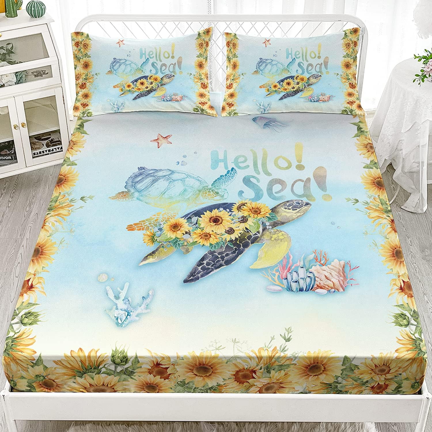 Shukong Sea Turtle tted Sheet Sunflower Tortoise Print Bedding Set ...