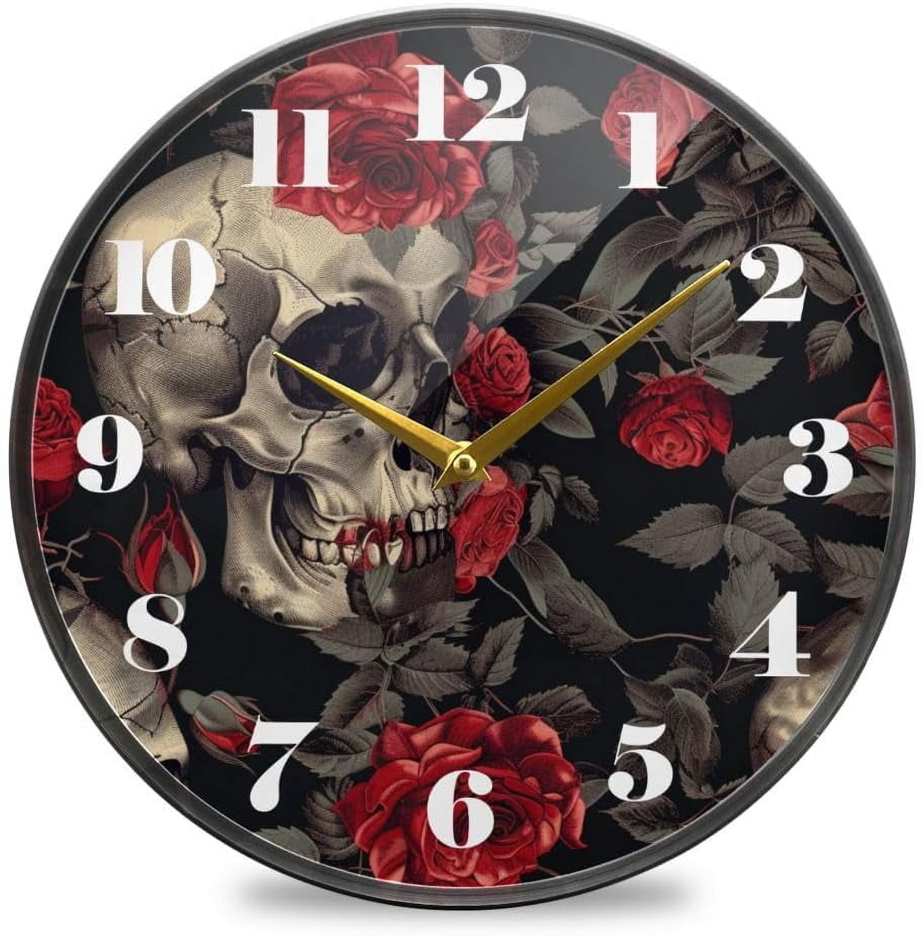 Shukong Skull Red Rose Flower Floral Wall Clock Battery Operated Silent ...