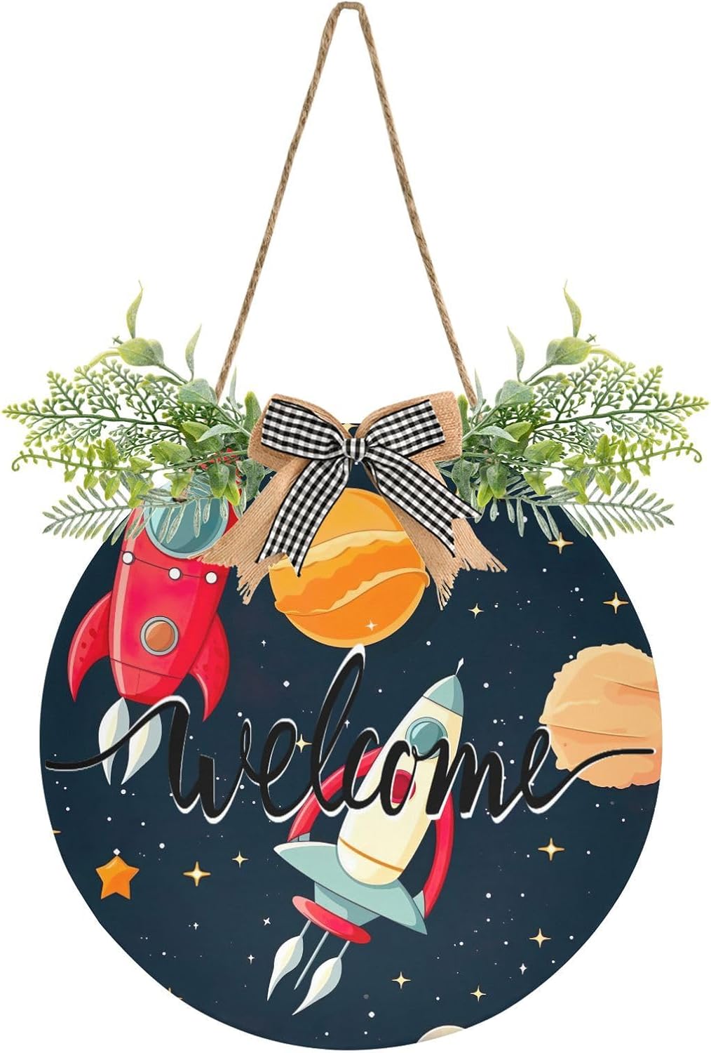 Shukong Space Rockets Front Door Round Decor,Hanging Welcome Sign,Front ...