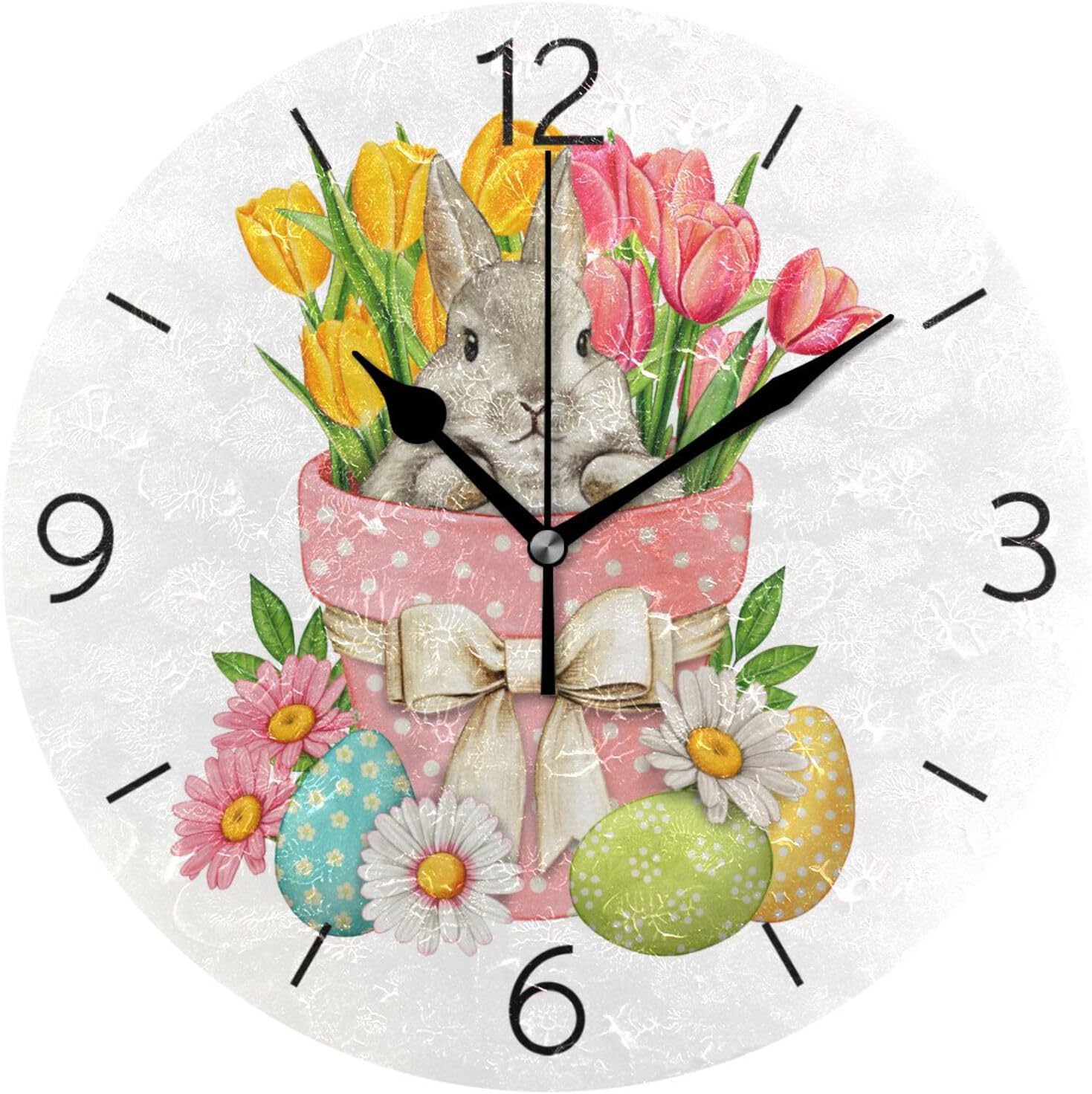 Shukong Wall Clock Cute Bunny Easter Eggs and Tulips Round Clock for ...