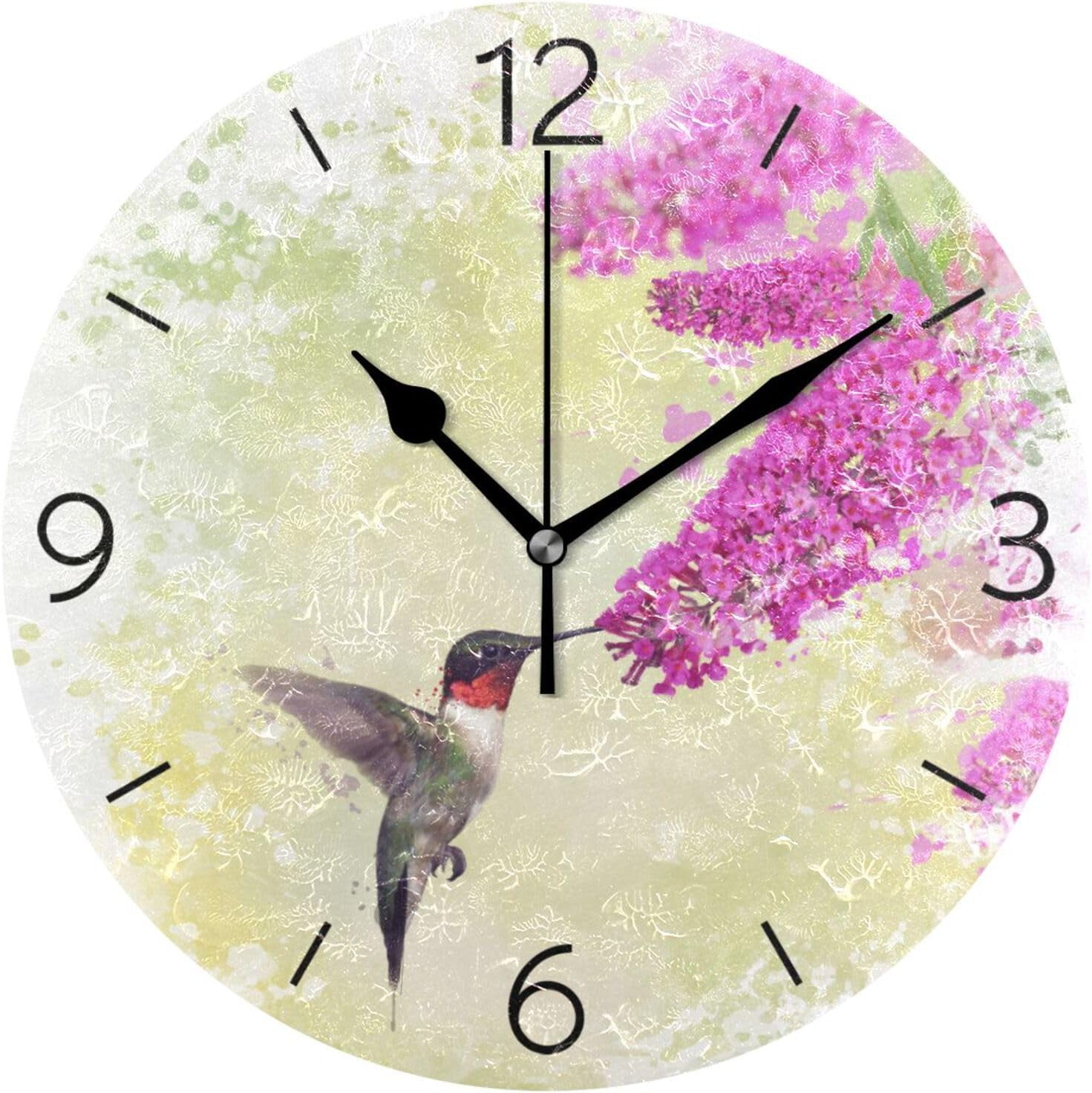 Shukong Wall Clock Hummingbird and Pink Flowers Round Clock for Bedroom ...