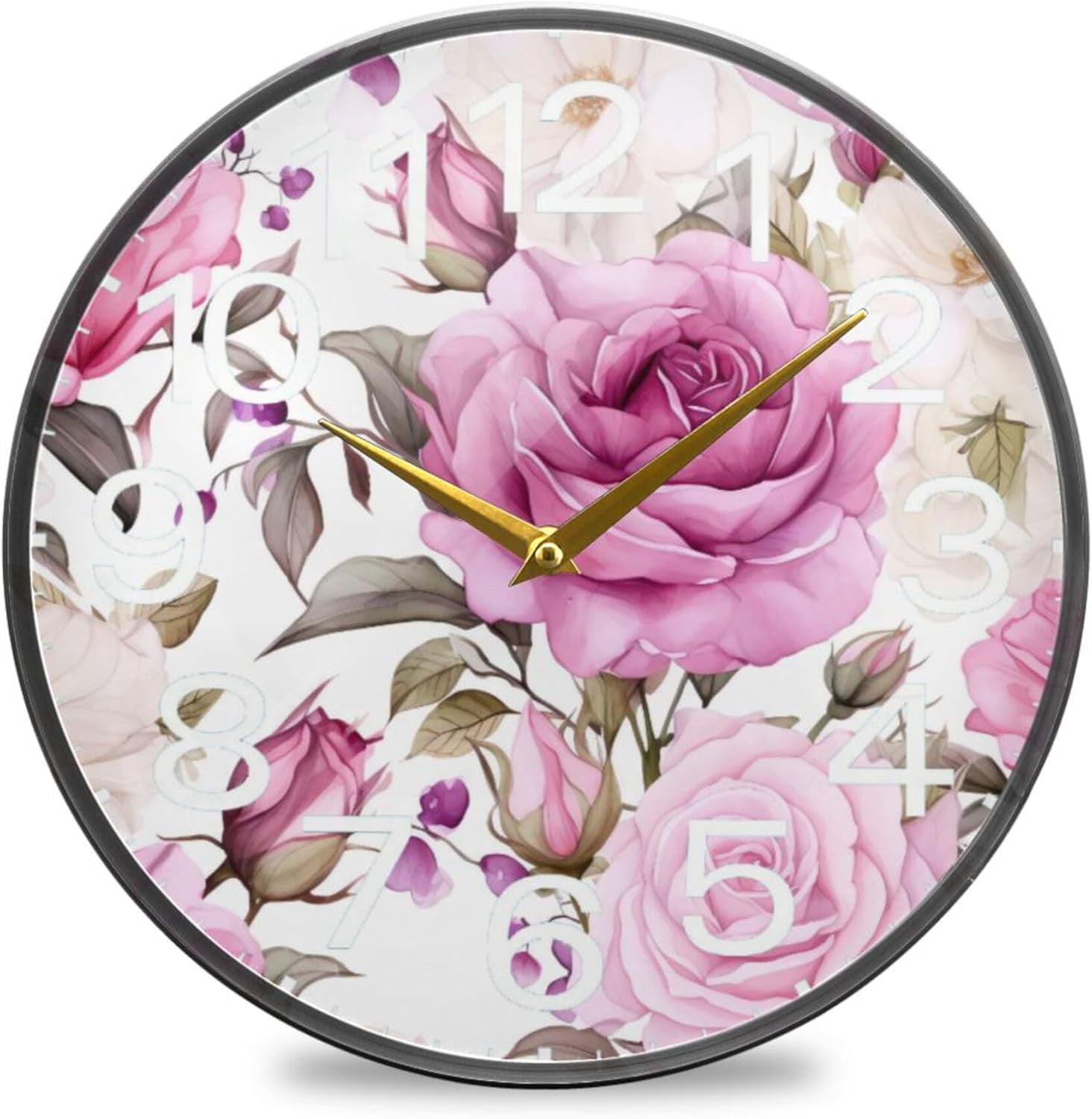 Shukong Watercolor Flowers Wall Clock 10 Inch Silent Non Ticking Round ...